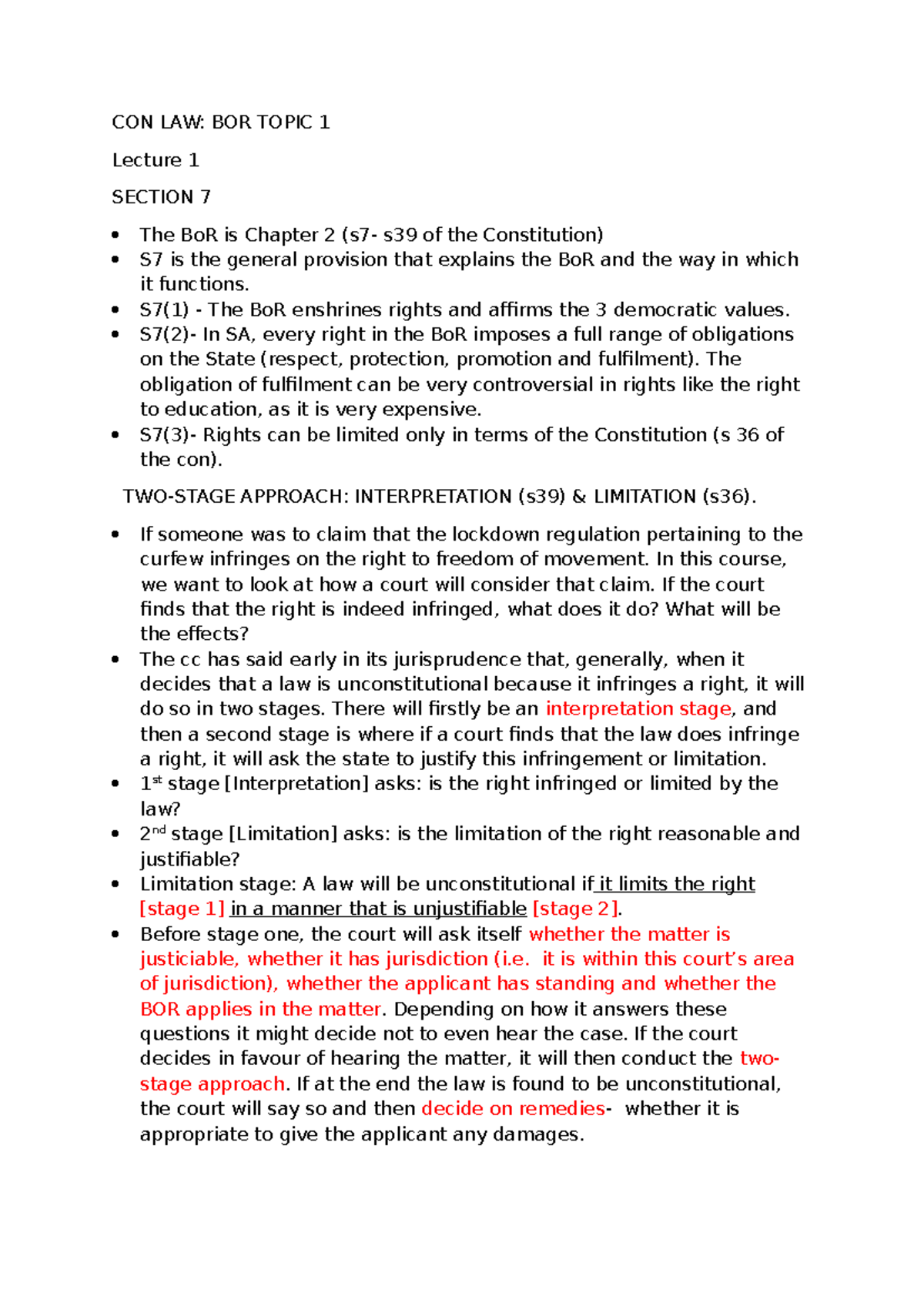 Con Law topic 1 notes - CON LAW: BOR TOPIC 1 Lecture 1 SECTION 7 The ...