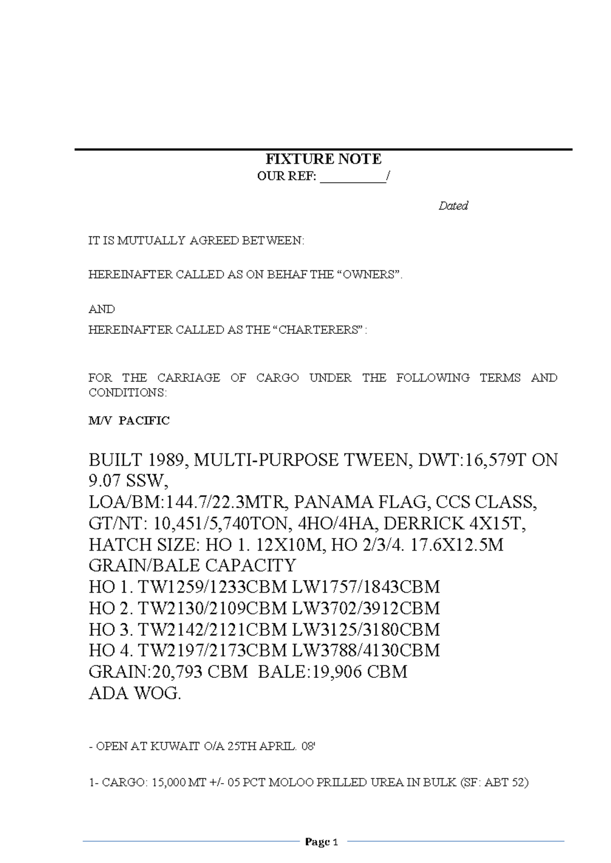 Fixturenote - general cargo - FIXTURE NOTE OUR REF: __________/ Dated ...