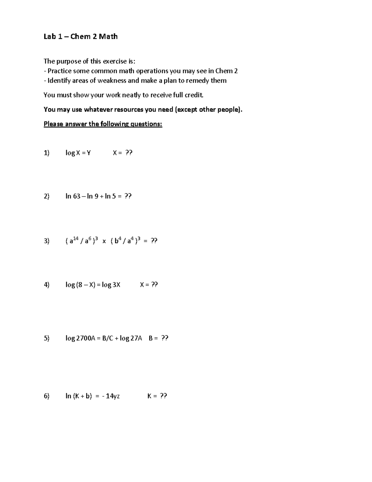CHEM II Math Review - Lab 1 – Chem 2 Math The purpose of this exercise ...