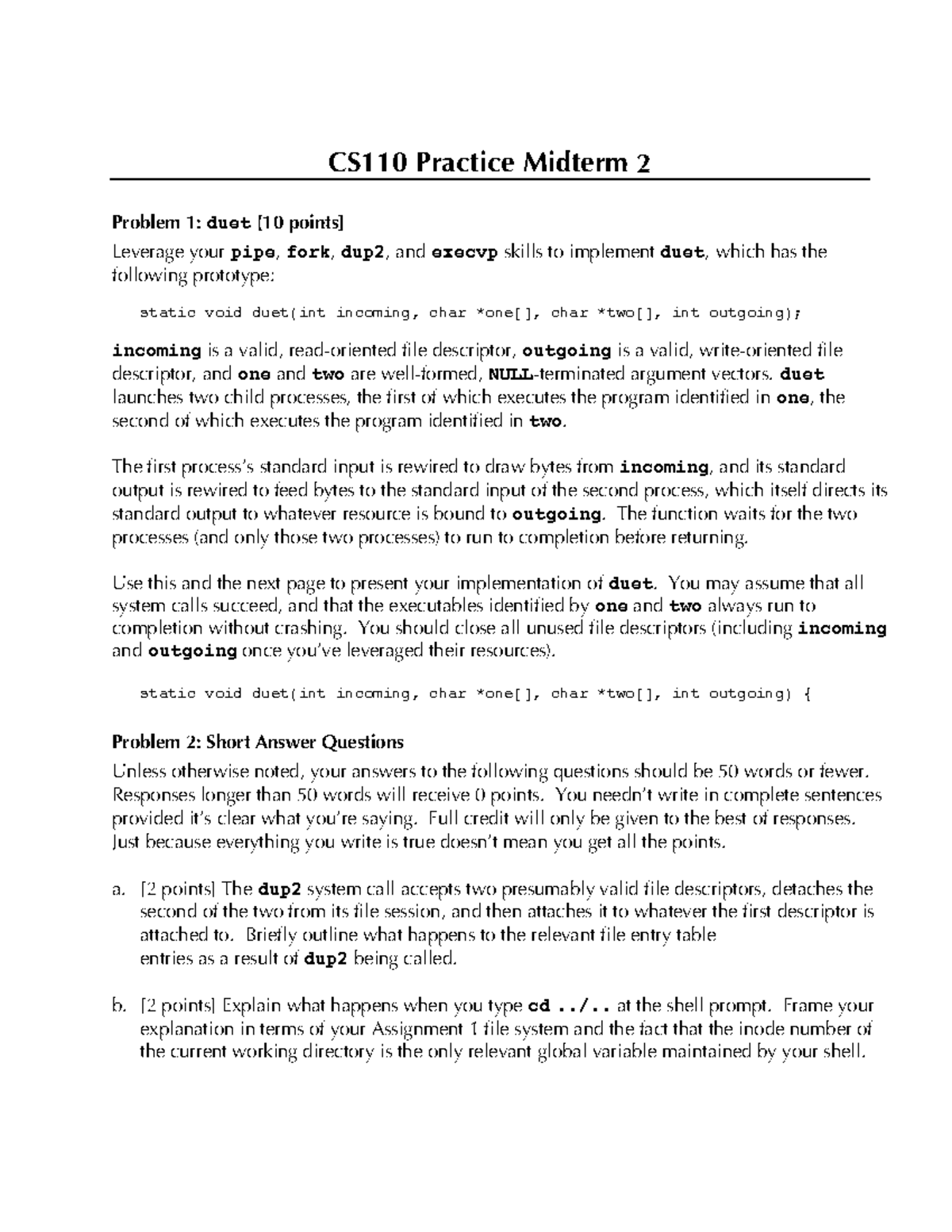 Practice-Midterm-2 - computer science exam - CS110 Practice Midterm 3 Problem 1: duet [ 10 ...