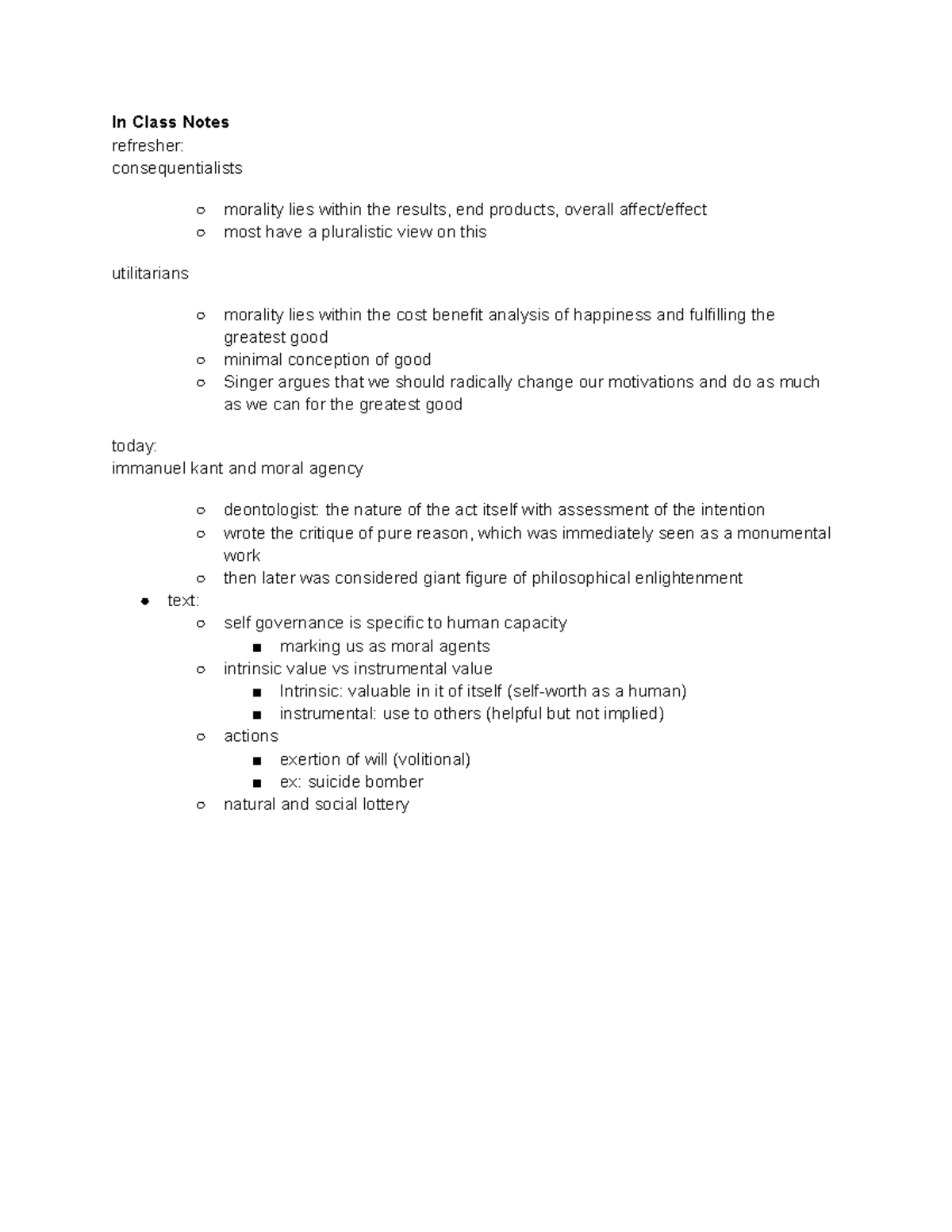 Ethics Lecture 03/14 - In Class Notes refresher: consequentialists ...