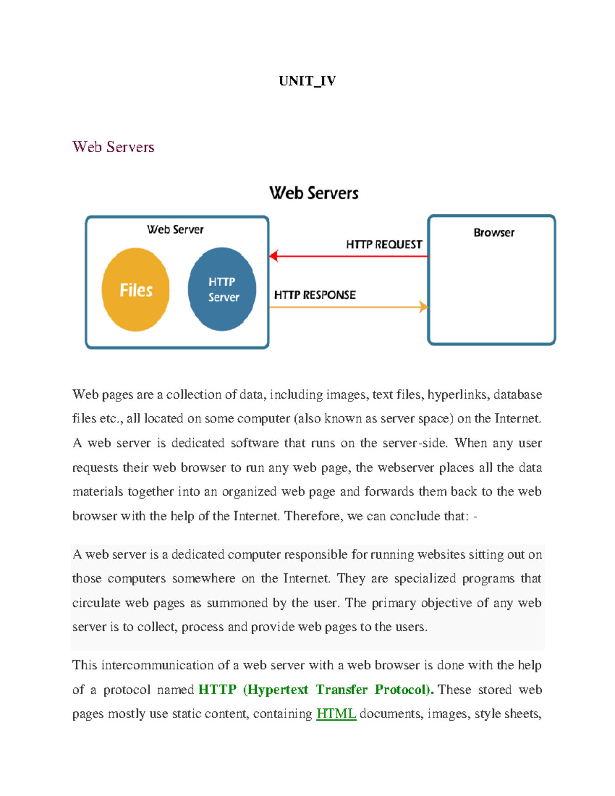 Unit IV Web Technology - this is help to sdudy - UNIT_IV Web Servers Web pages are a collection ...