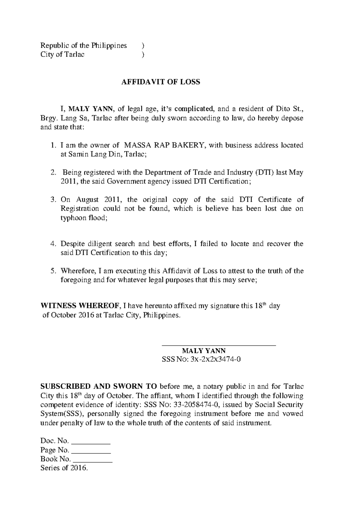 Pdfcoffee - Sample copy only - Republic of the Philippines ) City of Tarlac ) AFFIDAVIT OF LOSS ...
