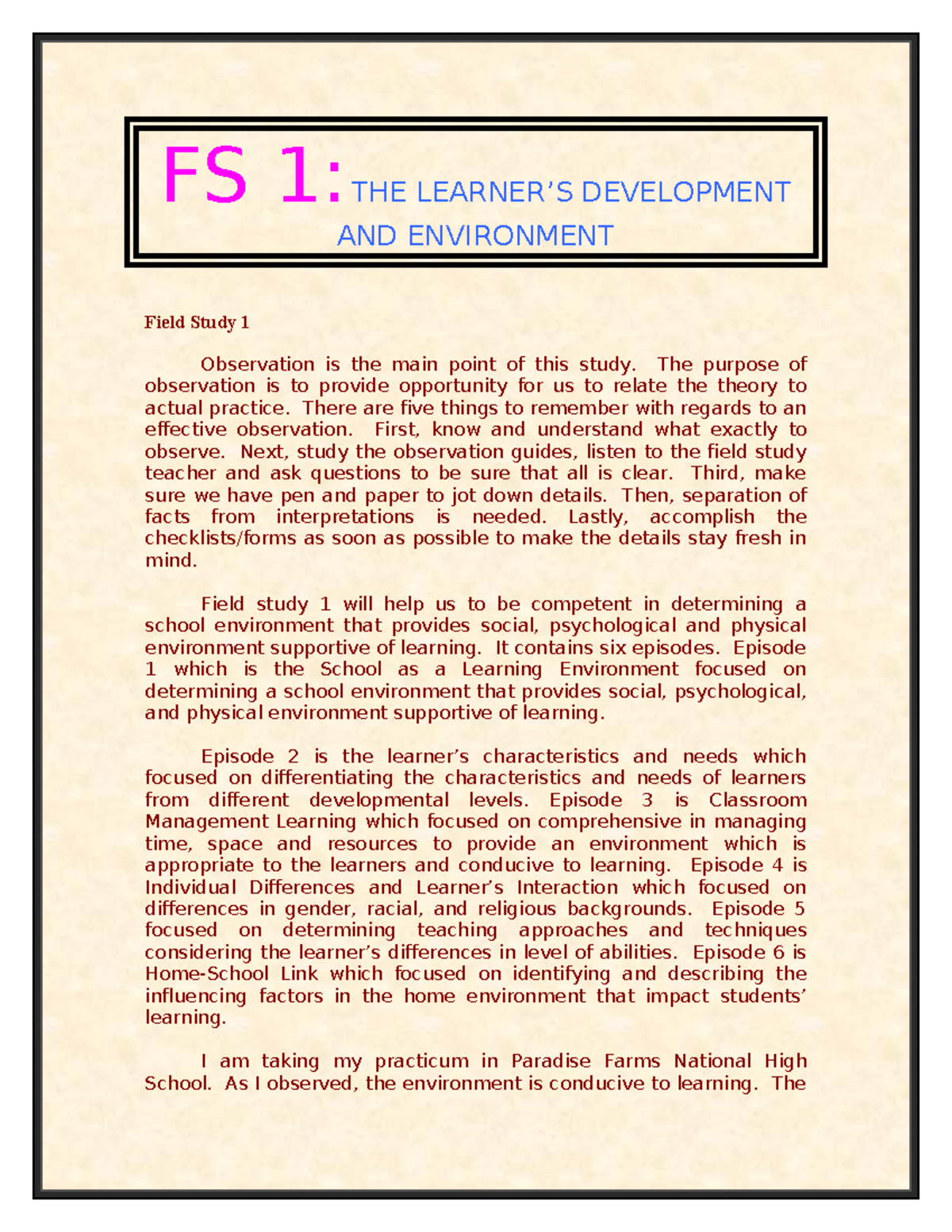Pdfcoffee - Lecture notes 1-6 - FS 1: THE LEARNER’S DEVELOPMENT AND ...