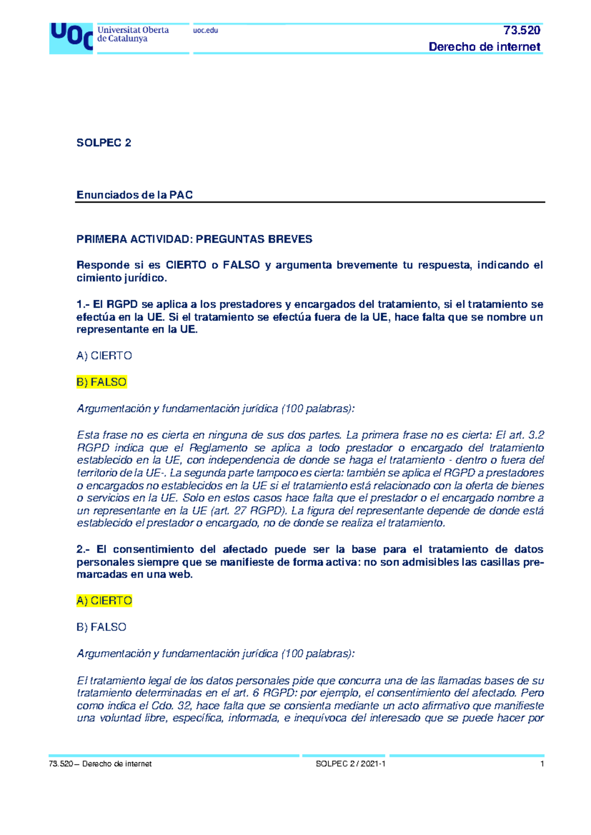 Solucion Pec 2 derecho de internet 2020/2021 UOC - Derecho de internet SOLPEC 2 Enunciados de la ...
