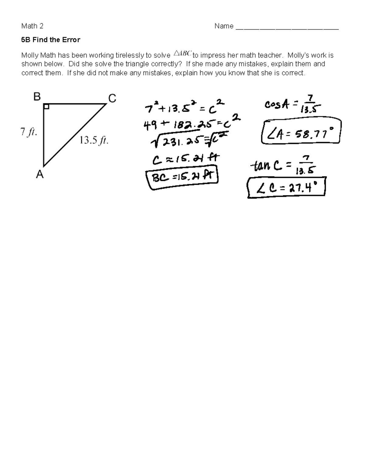 5B Find the Error - 9-10th grade - Math 2 Name ...