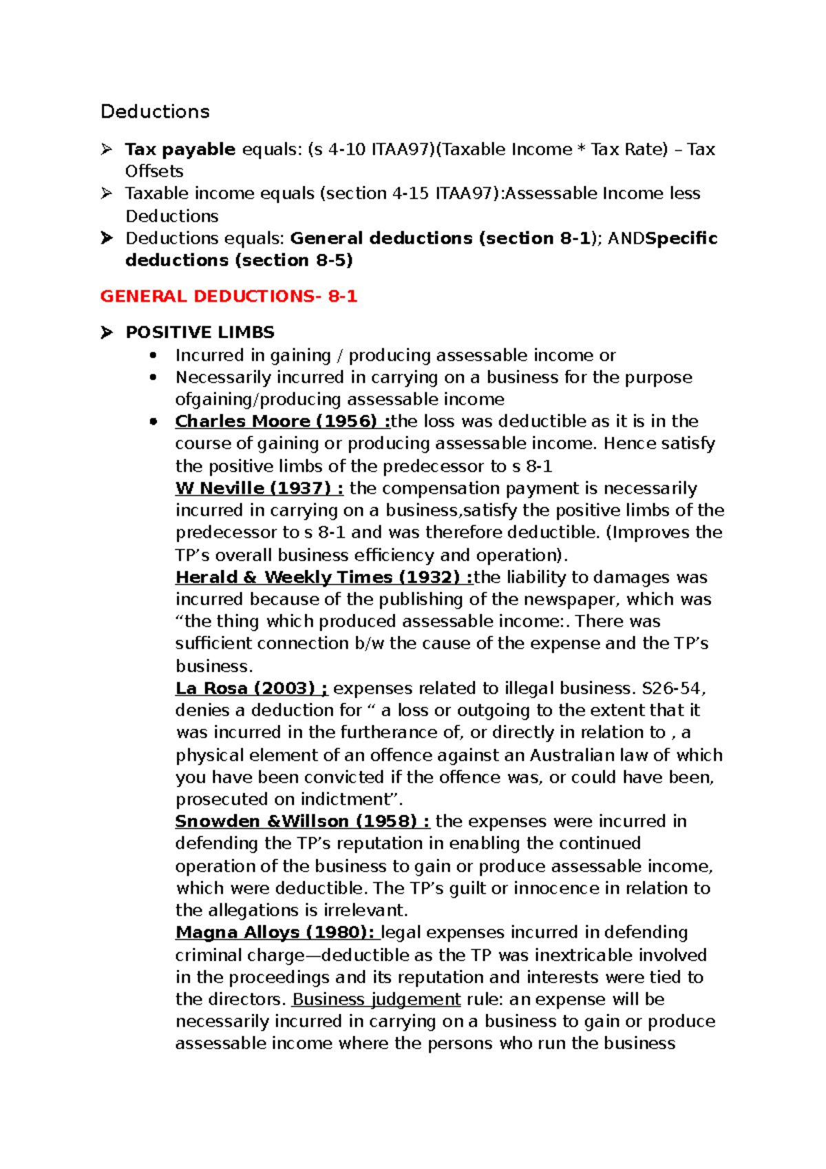 Deduction Notes - Deductions Tax payable equals: (s ITAA97)(Taxable ...