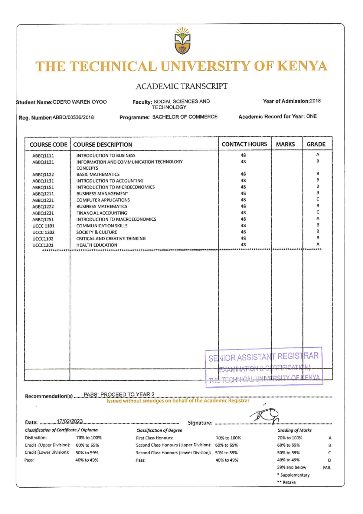 Transcripts Yr 1-4 - Bachelor of commerce - Studocu