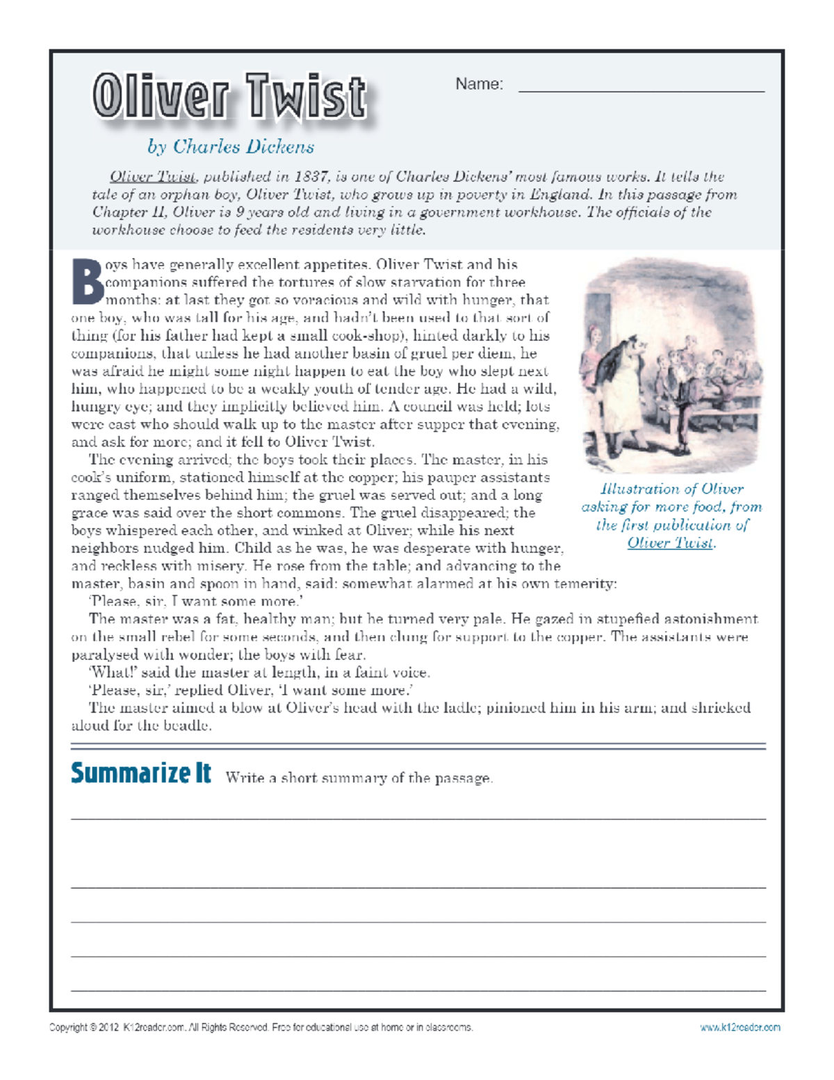 Oliver Twist 7th Grade Reading Comprehension Worksheet - Education - Studocu