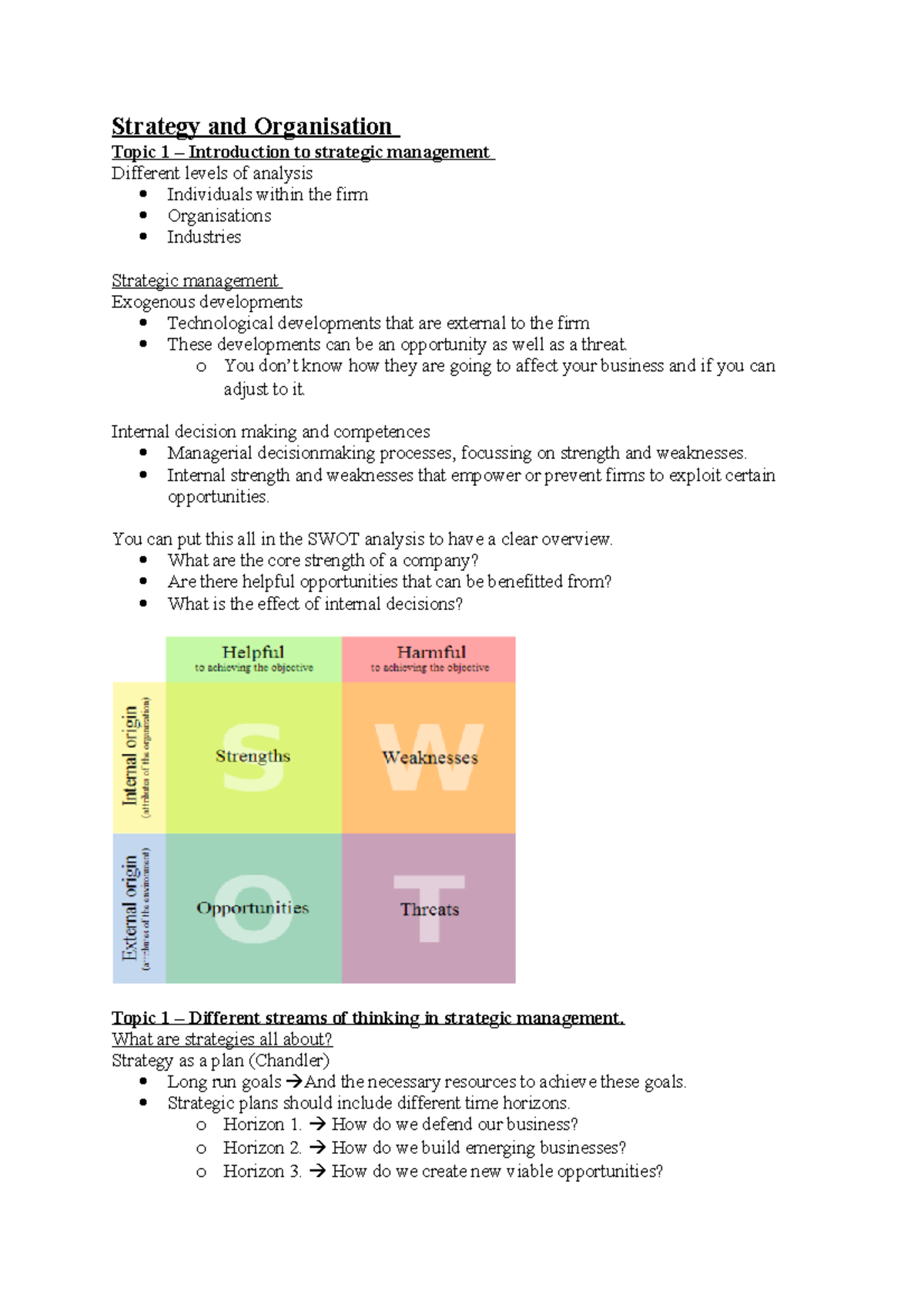 Strategy and Organisation Summary - Strategy and Organisation Topic 1 ...
