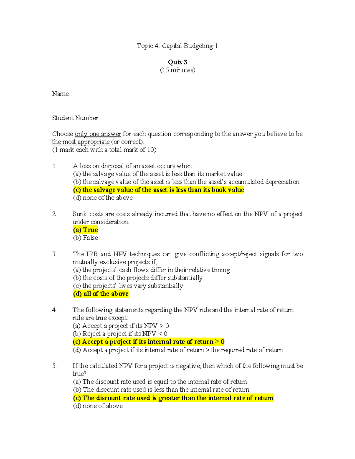 AFIN2053 - multiple choice questions - Topic 4: Capital Budgeting 1 ...