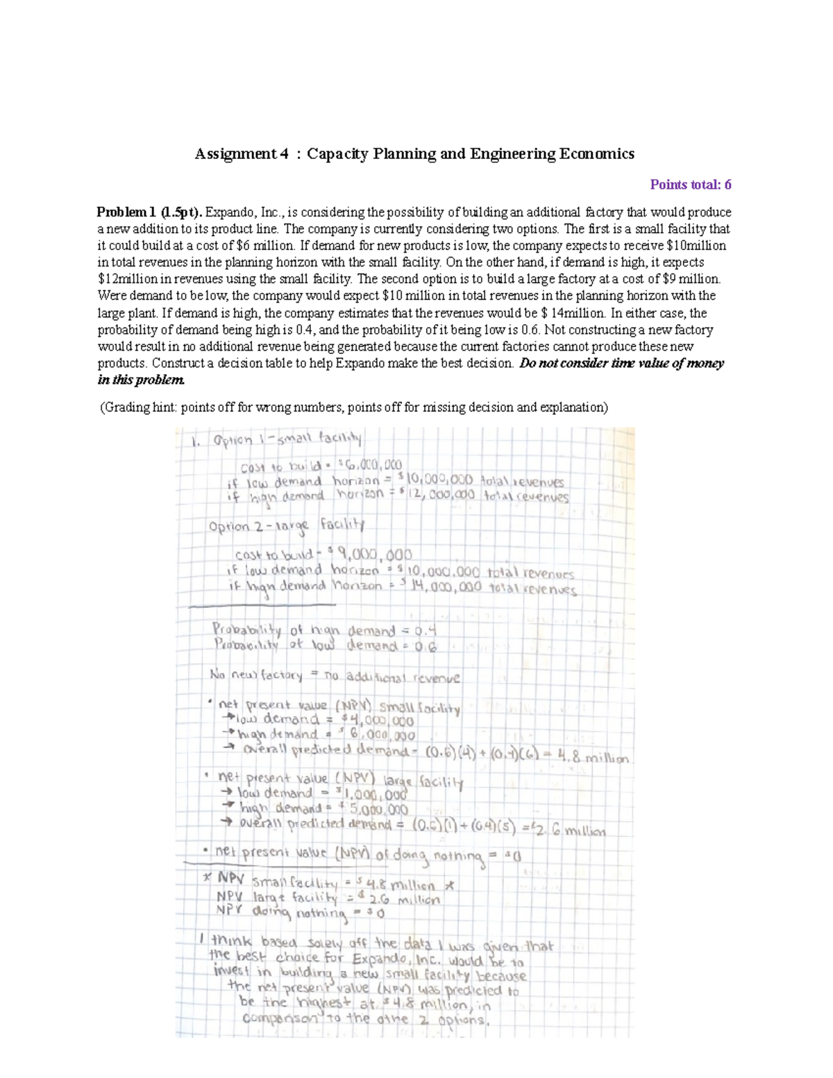 Assignment 4 - Capacity Planning and Engineering Economics - Assignment ...