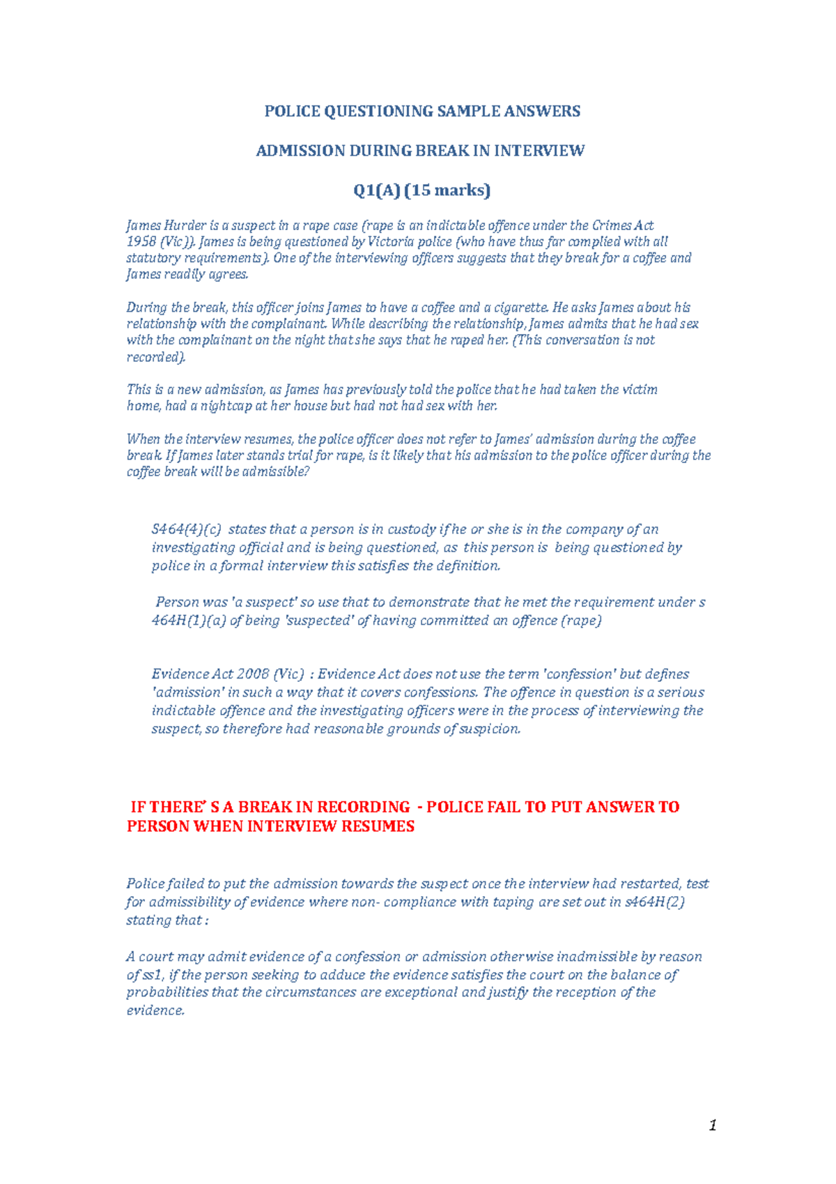 Sample Answers MLL218 - POLICE QUESTIONING SAMPLE ANSWERS ADMISSION ...