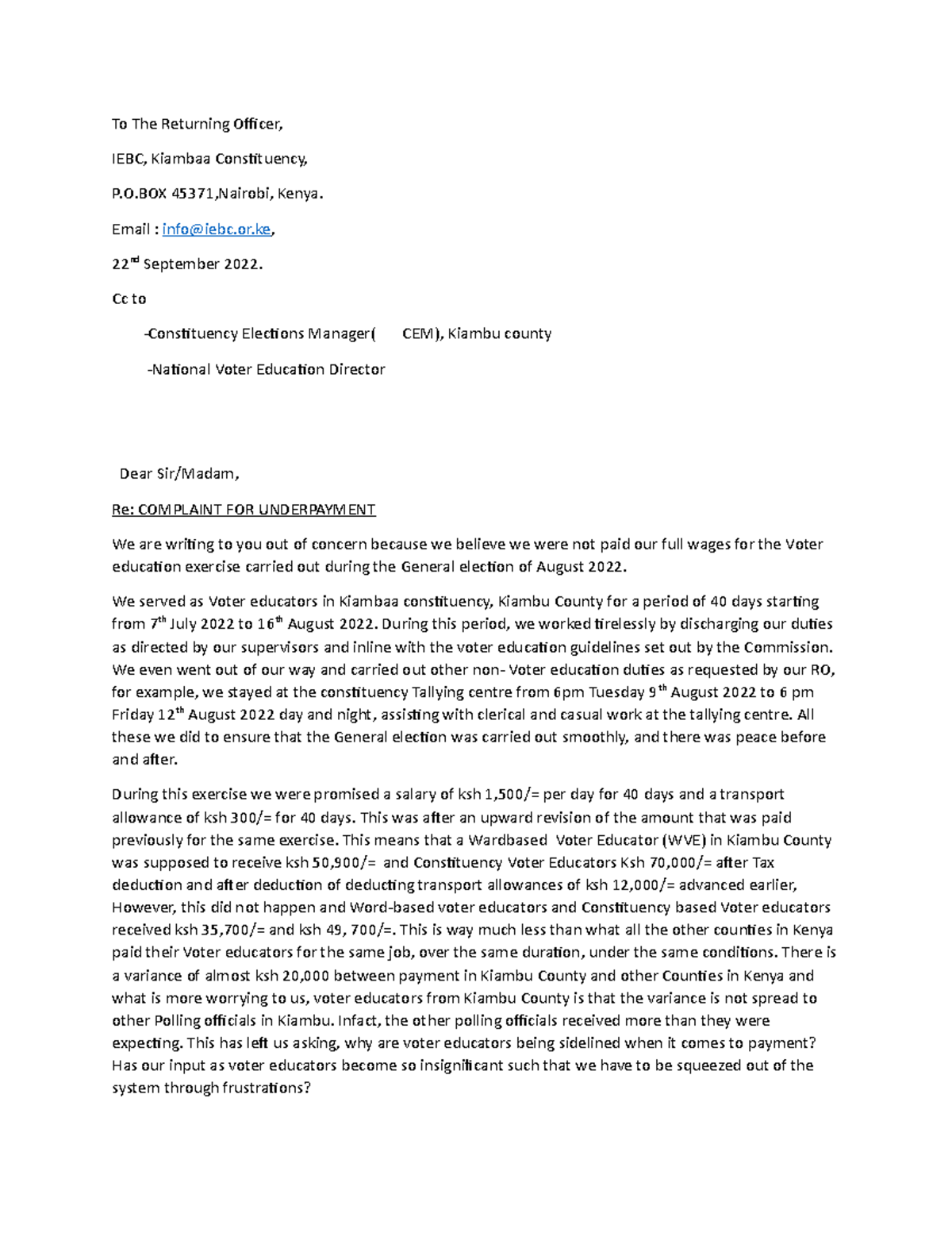 Complaint Letter FOR Voter Education - To The Returning Officer, IEBC ...
