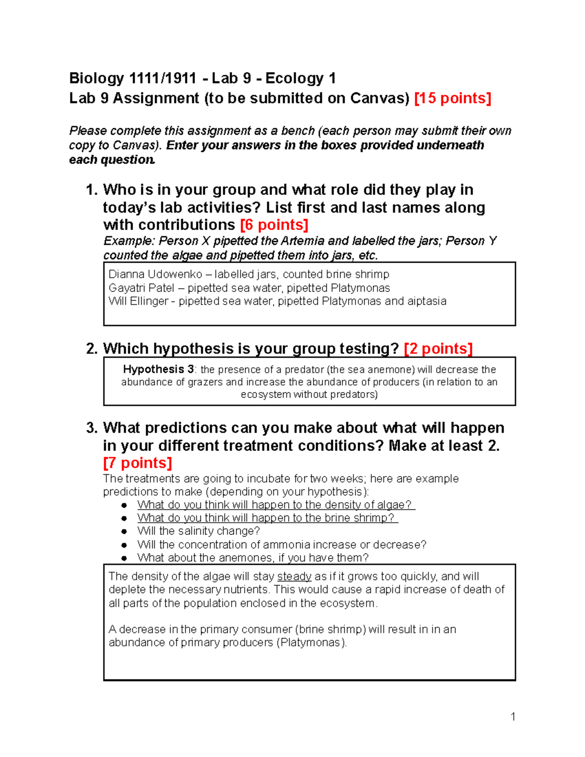 Lab 9 - Ecology 1 - Assignment 1 - Biology 1111/1911 - Lab 9 - Ecology 1 Lab 9 Assignment (to be ...