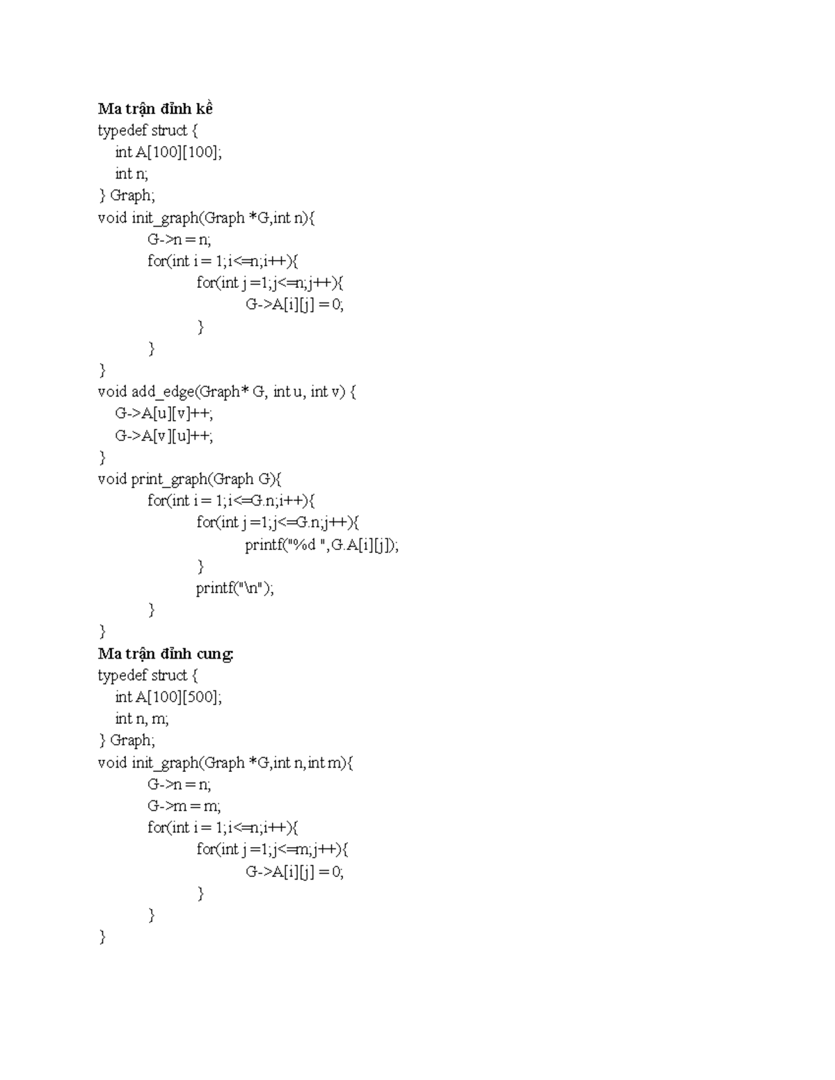 GK LTDT - Lý thuyết đồ thị - Ma trận đỉnh kề typedef struct { int A[100][100]; int n; } Graph ...