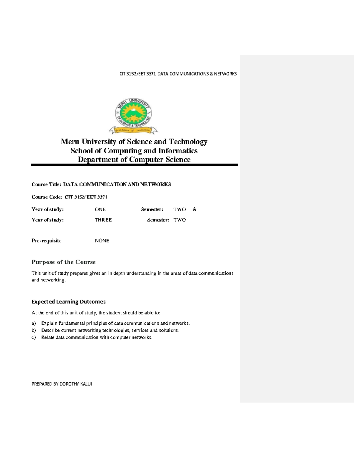Cit 3152 Data Communication And Network Course Outline 24 Final Meru University Of Science And