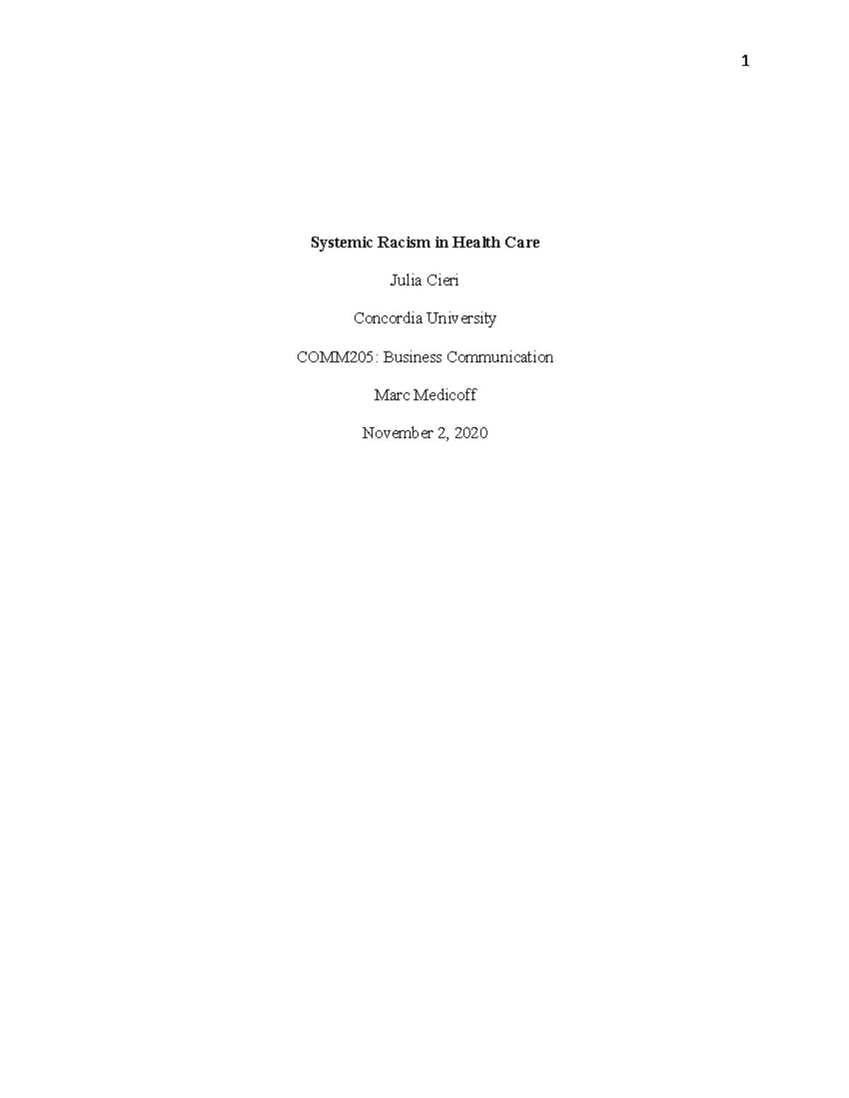 Antiracist Formal Report - Systemic Racism in Health Care Julia Cieri ...