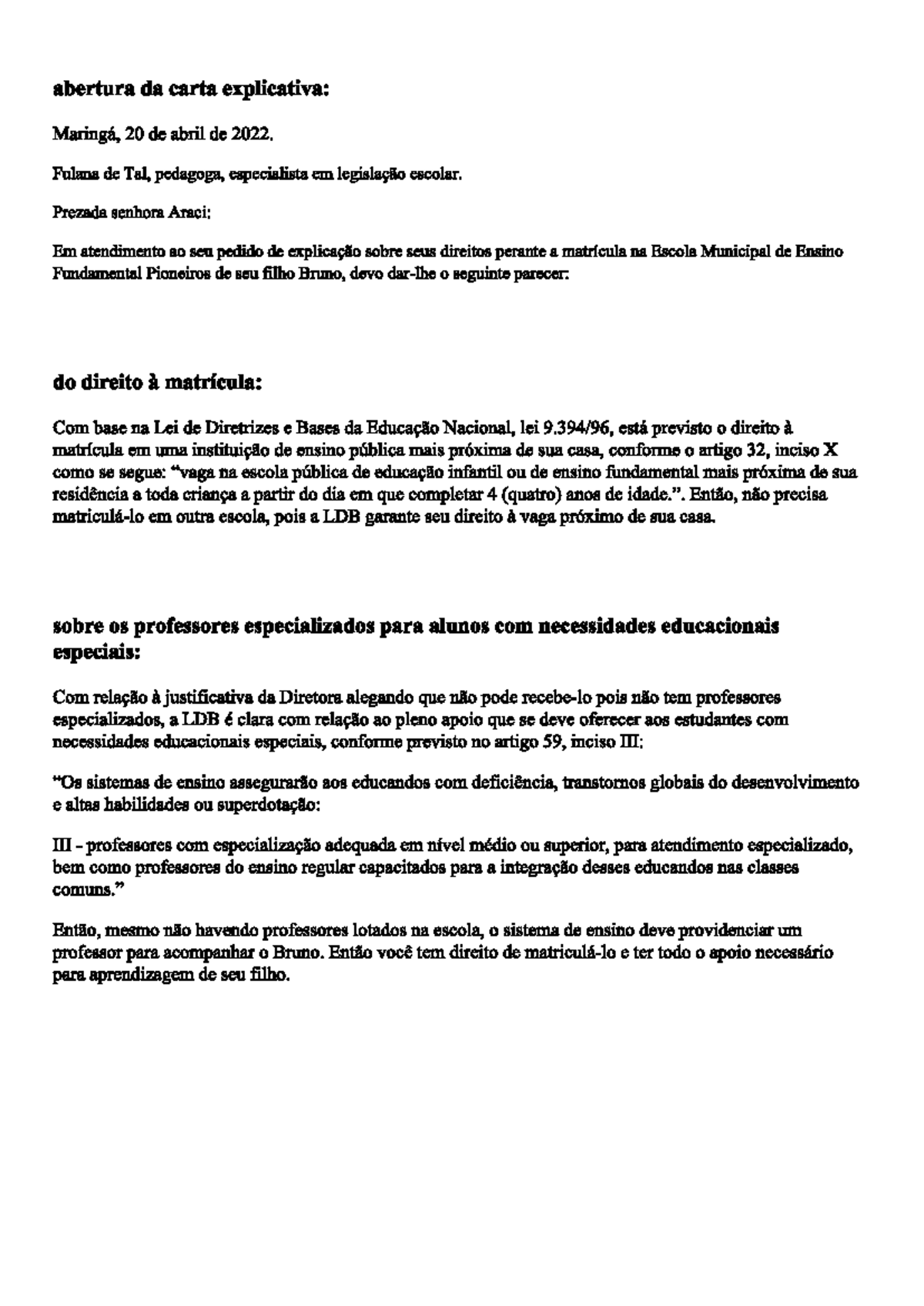 Carta explicativa - Fulana de Tal, pedagoga, especialista em legislação ...