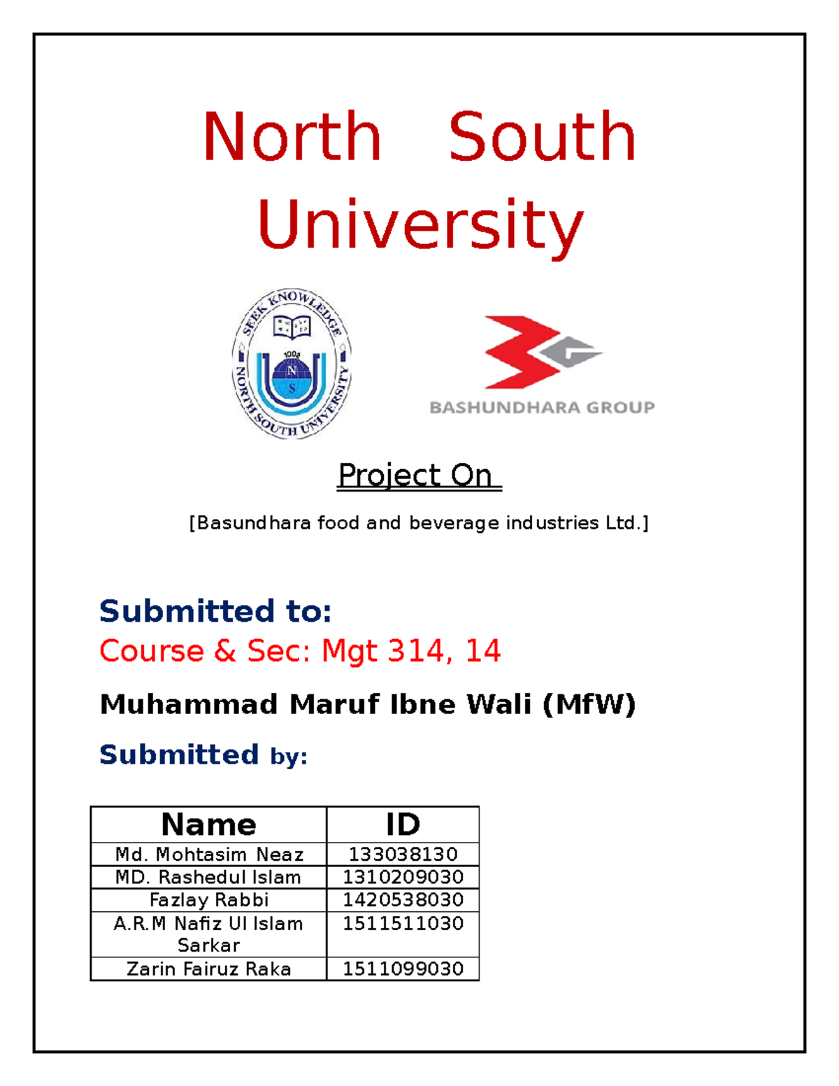Production Management Report - North South University Project On food ...