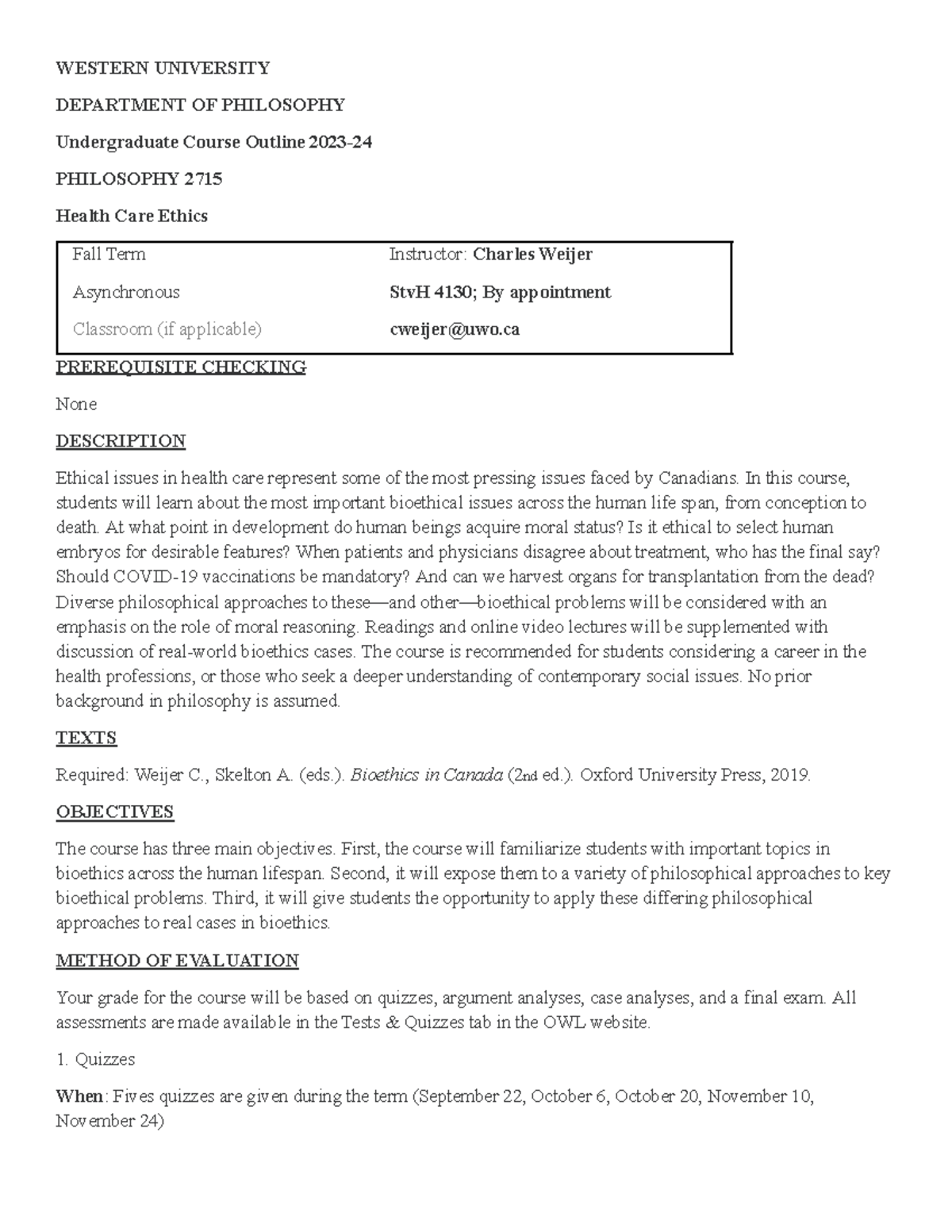 Syllabus - WESTERN UNIVERSITY DEPARTMENT OF PHILOSOPHY Undergraduate ...