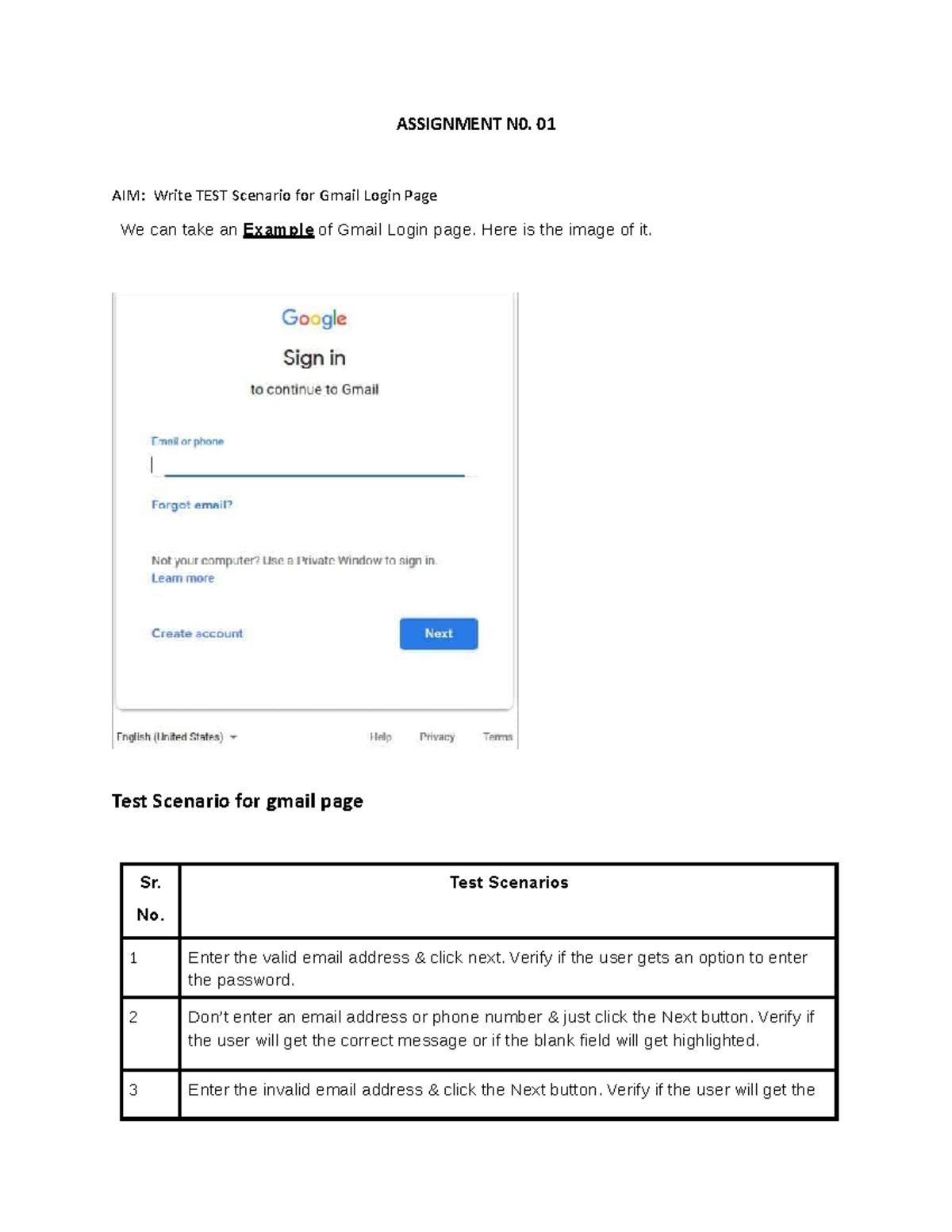 STQA 1 - Betti - ASSIGNMENT N0. 01 AIM: Write TEST Scenario for Gmail ...
