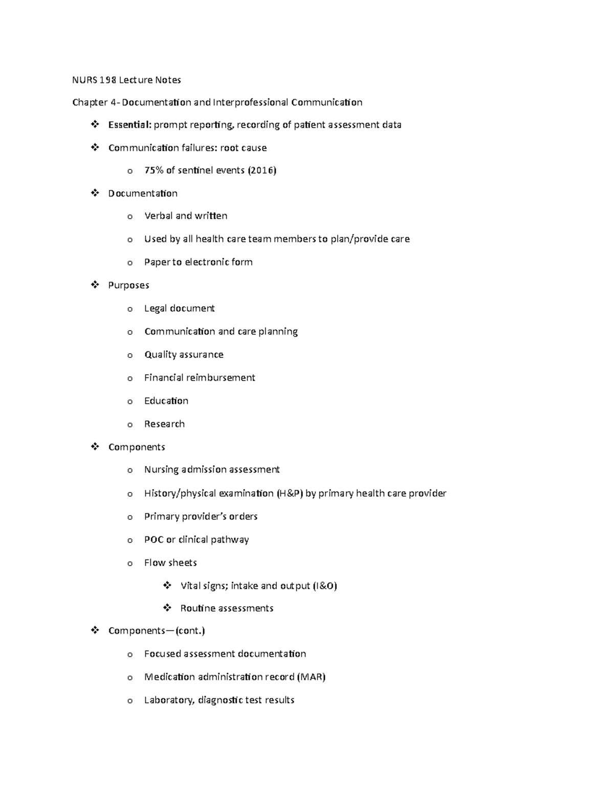 Chapter 4 - intro notes - NURS 198 Lecture Notes Chapter 4 ...