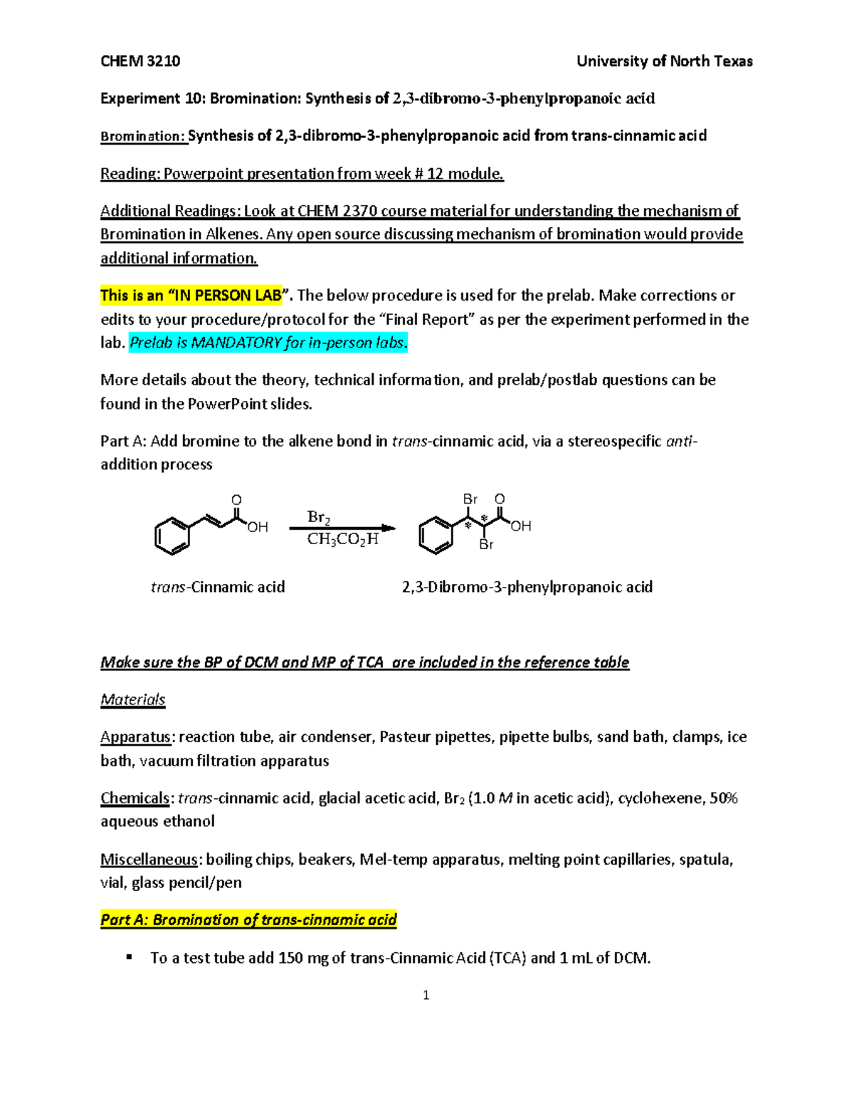 3210 Experiment- Bromination of trans-cinnamic acid - Experiment 1 0 ...