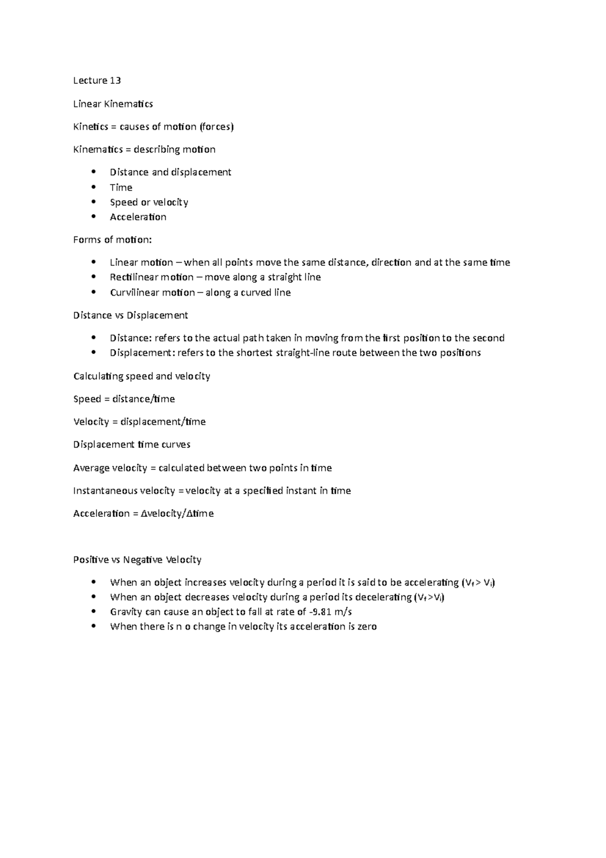 Lecture 13 Linear Kinematics - Lecture 13 Linear Kinematics Kinetics ...