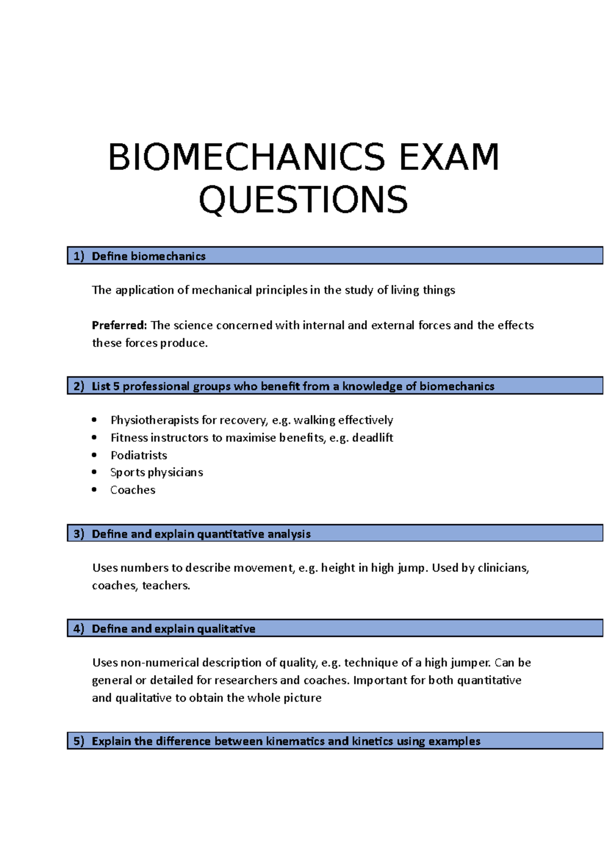 Introduction to Biomechanics - Final Exam Notes - BIOMECHANICS EXAM ...