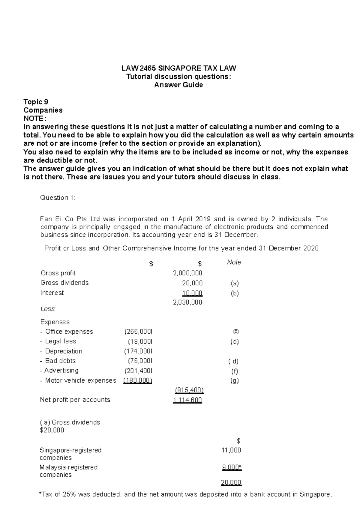 WEEK 9 Companies Tutorial Answers Final-1 - LAW 2465 SINGAPORE TAX LAW Tutorial discussion - Studocu