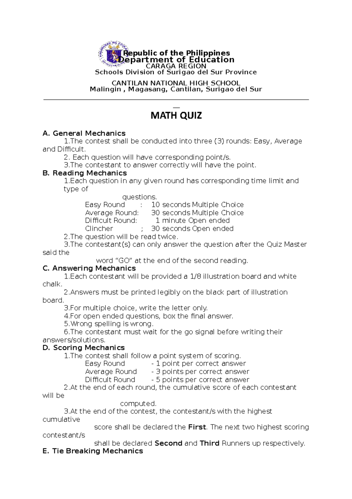 Mechanics FOR MATH QUIZ - Republic of the Philippines Department of ...