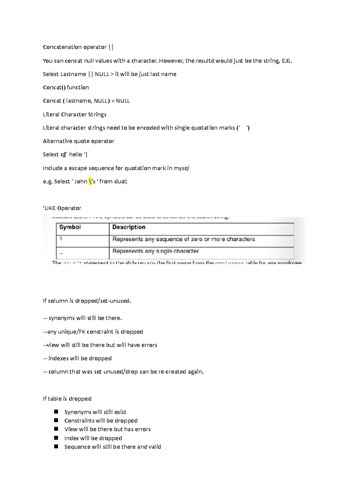 Oracle Notes Textbook Concatenation Operator You Can Concat Null Values With A Character