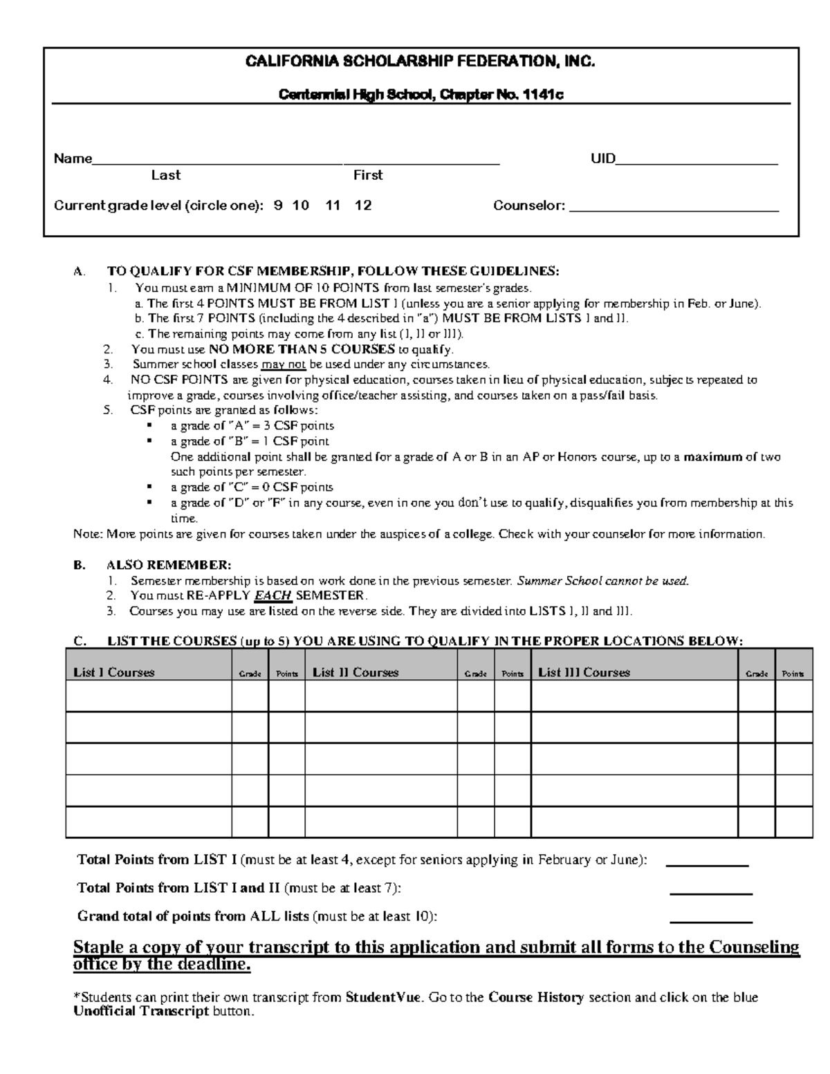 CSF Application - A. TO QUALIFY FOR CSF MEMBERSHIP, FOLLOW THESE ...