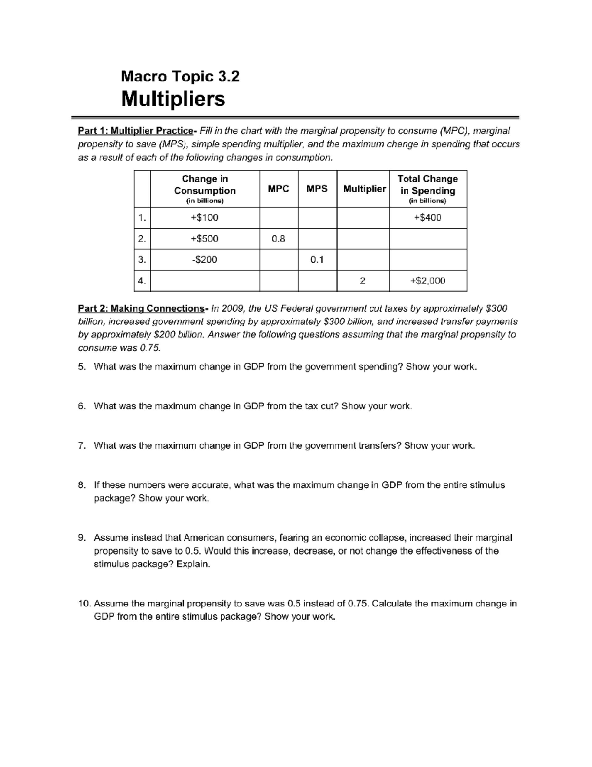 3.2 Multipliers - Worksheet for Macro - Studocu