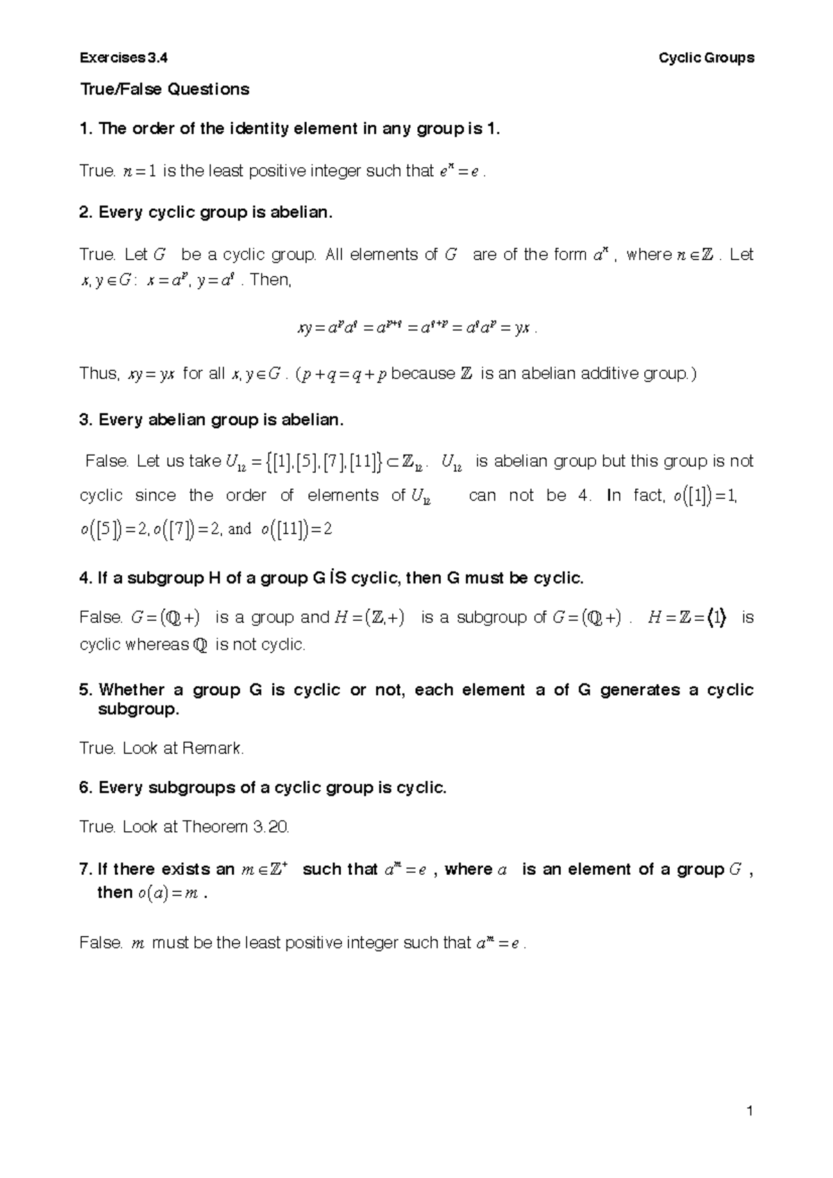 3 4 cyclic groups 4 - Maths - True/False Questions The order of the ...