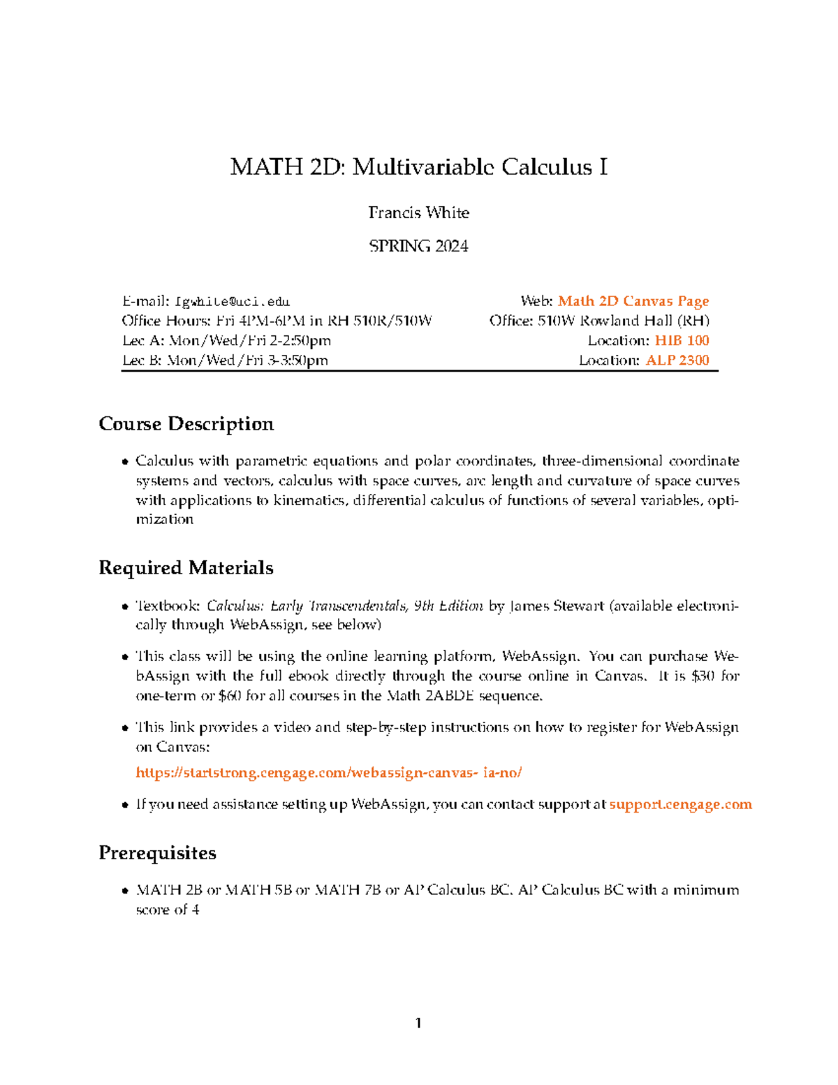 Math 2D Spring 2024 Syllabus - MATH 2 D: Multivariable Calculus I ...