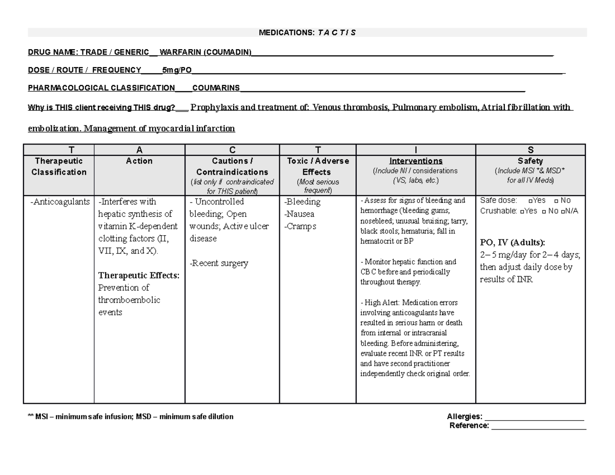 Coumadin ( Warfarin) - TACTIS - MEDICATIONS: T A C T I S DRUG NAME ...