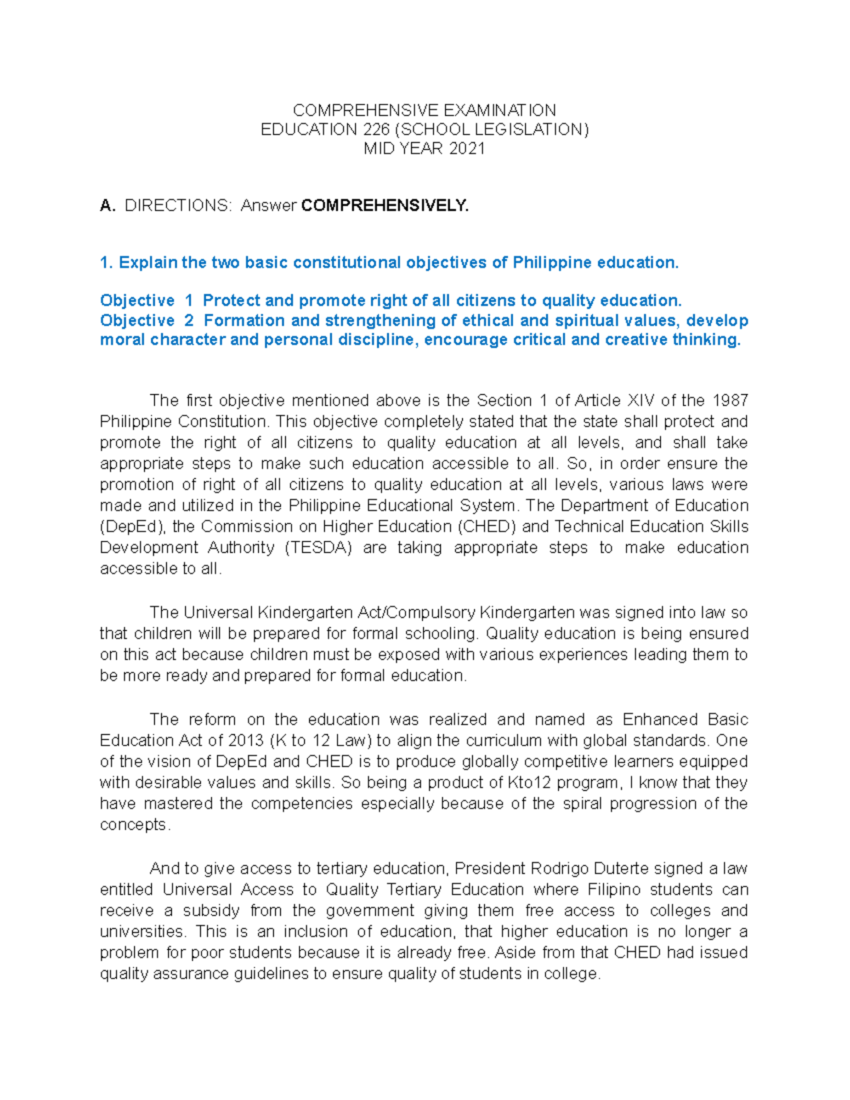 EDUC 226 School Legislation - COMPREHENSIVE EXAMINATION EDUCATION 226 ...