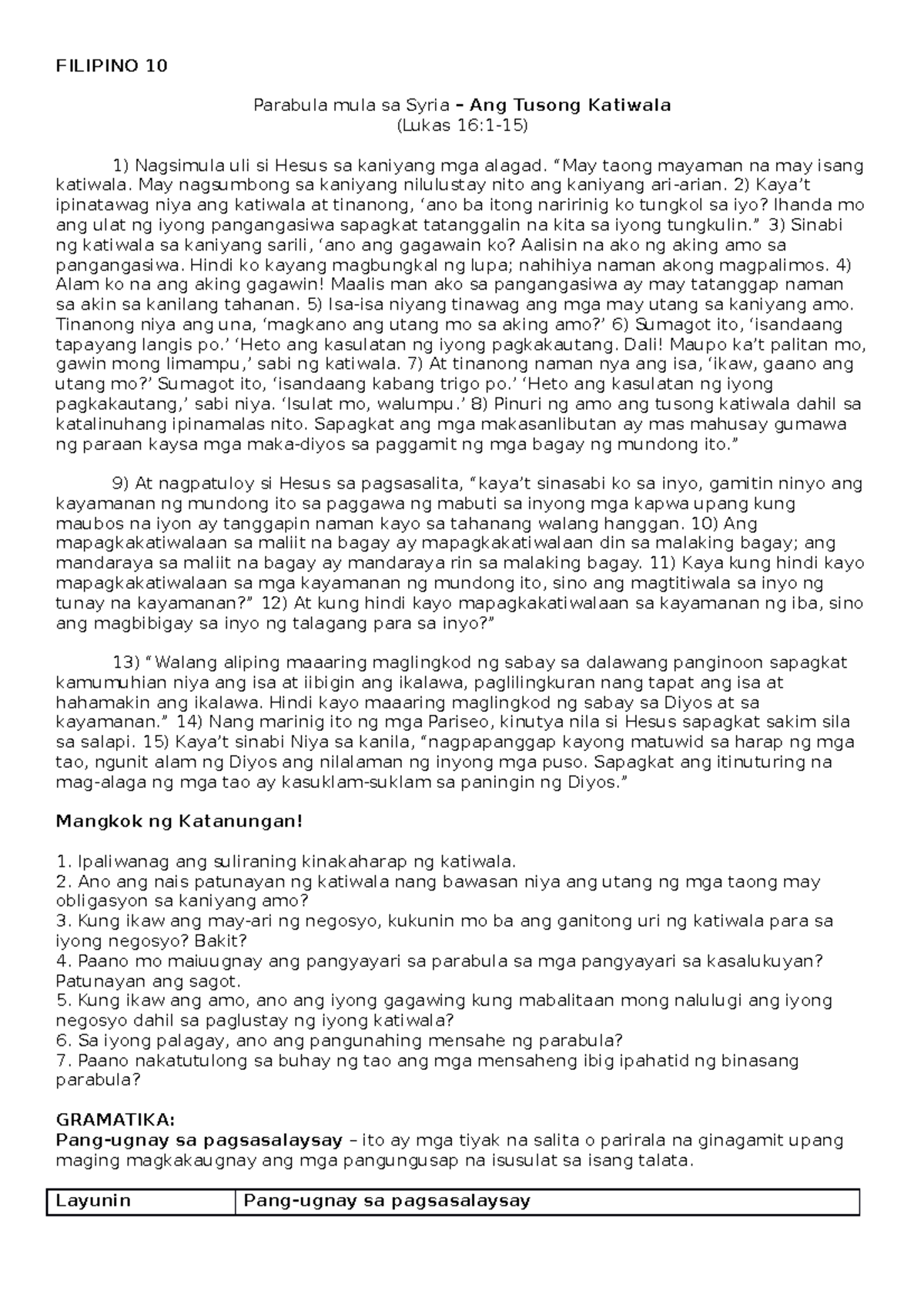 Parabula for Villamor - Parable of a Coffee Bean - FILIPINO 10 Parabula ...