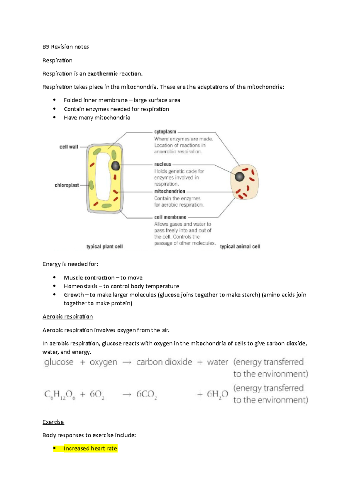 B9 Revision notes - GCSE biology - B9 Revision notes Respiration ...