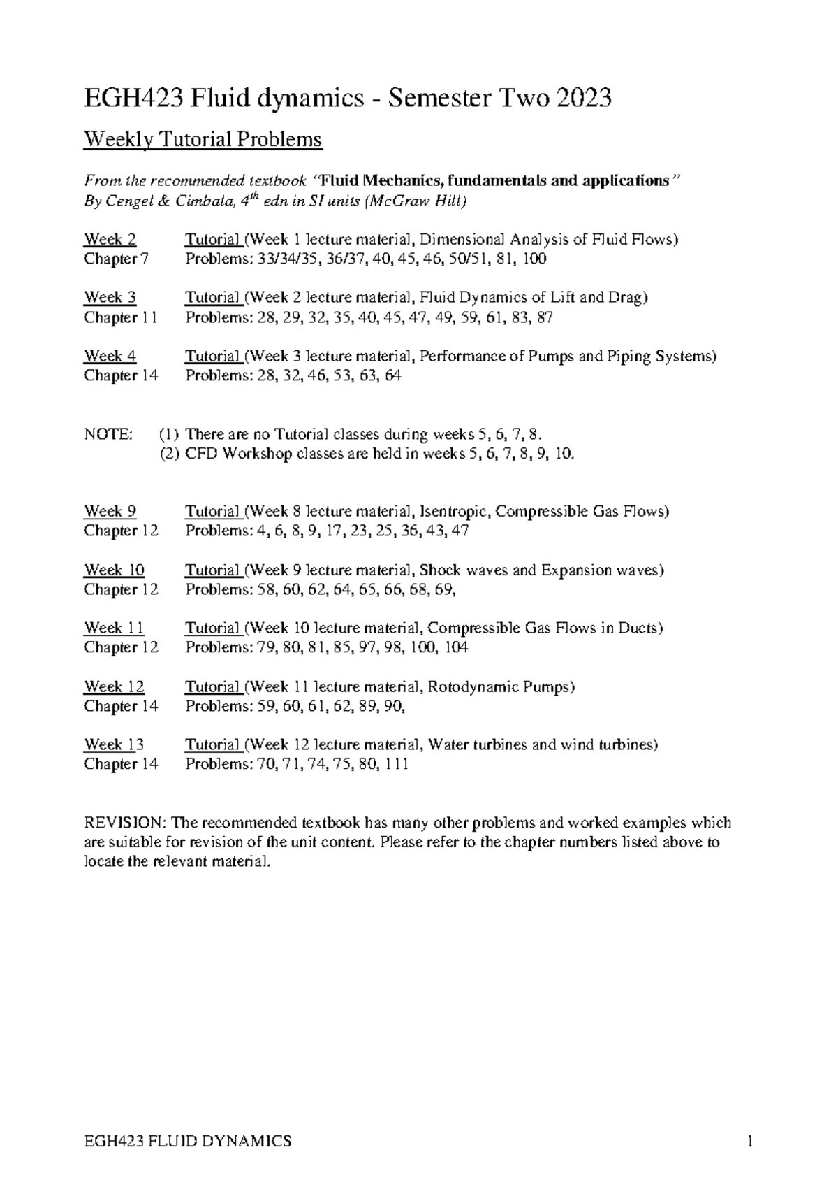 Tutorial Problem List EGH423-2023 - EGH423 Fluid dynamics - Semester ...