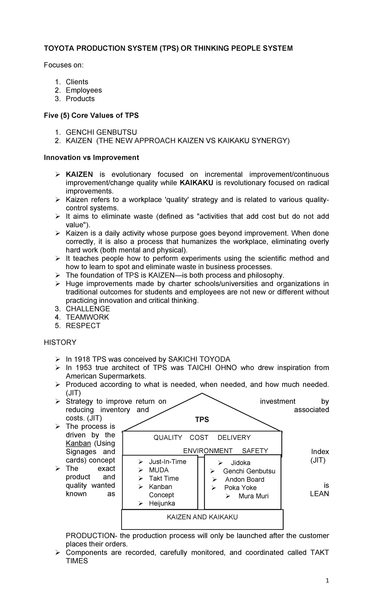 TPS notes - 1 TPS QUALITY COST DELIVERY ENVIRONMENT SAFETY Just-In-Time ...