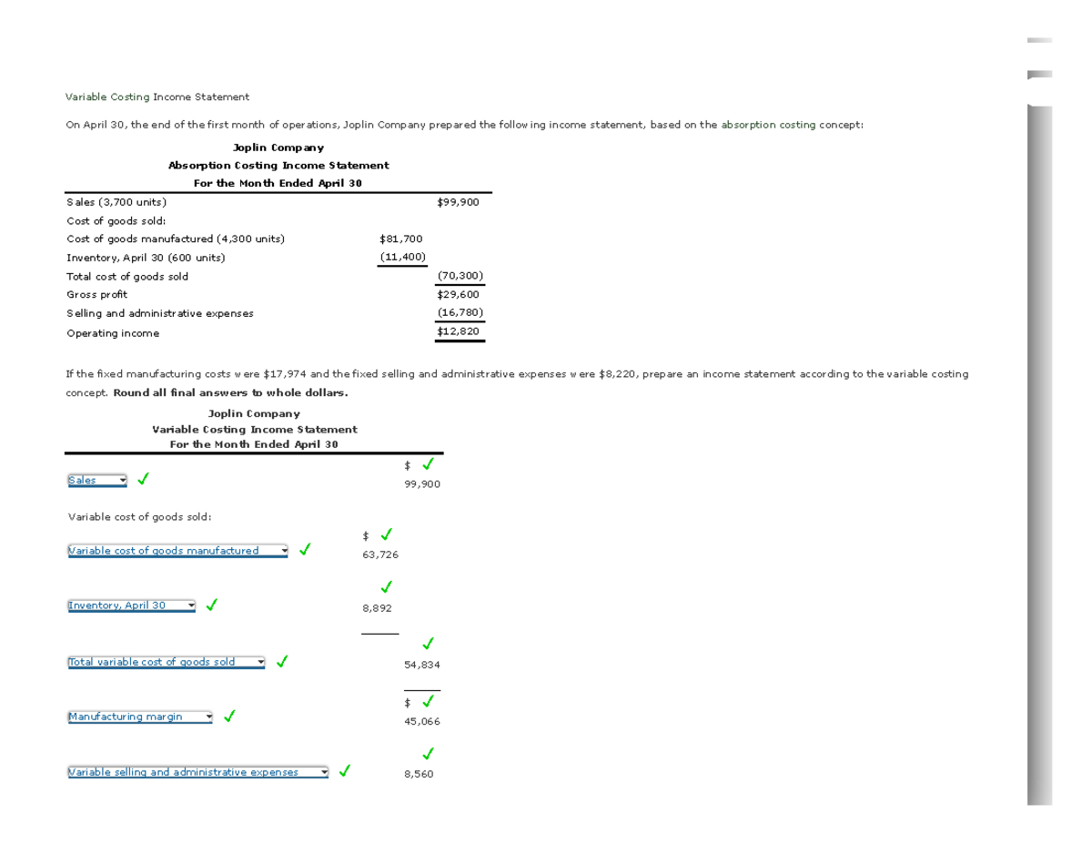 Problem Set: Module 6 - Variable Costing Income Statement On April 30 ...