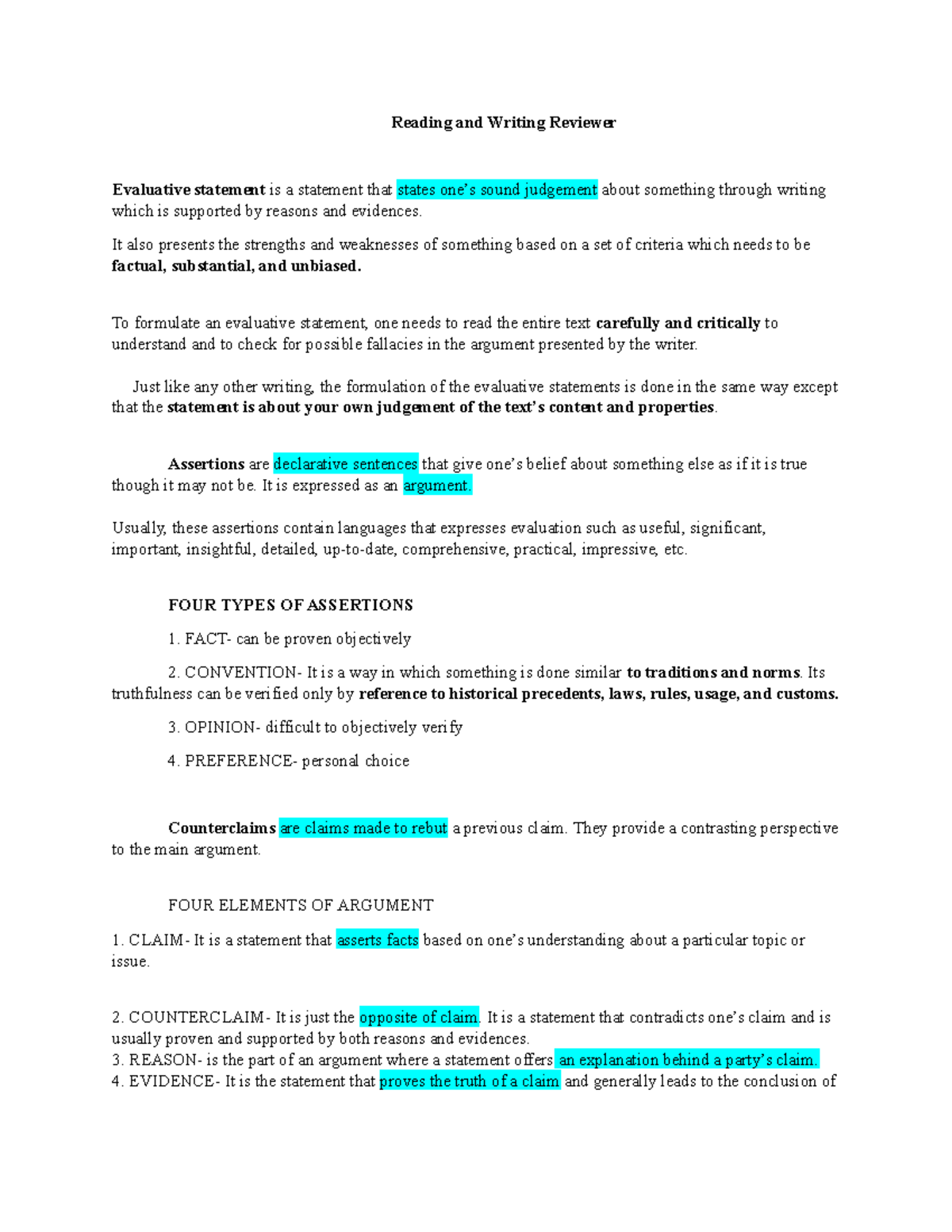 Reading and Writing Reviewer - Reading and Writing Reviewer Evaluative ...