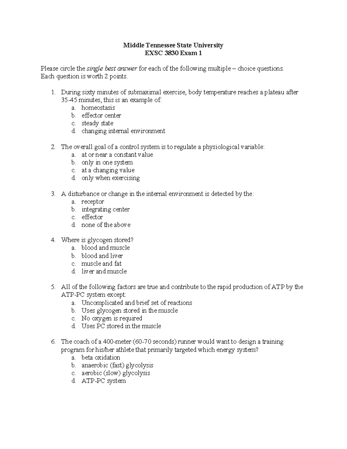 Test 1 - Test Review Questions - Middle Tennessee State University EXSC ...