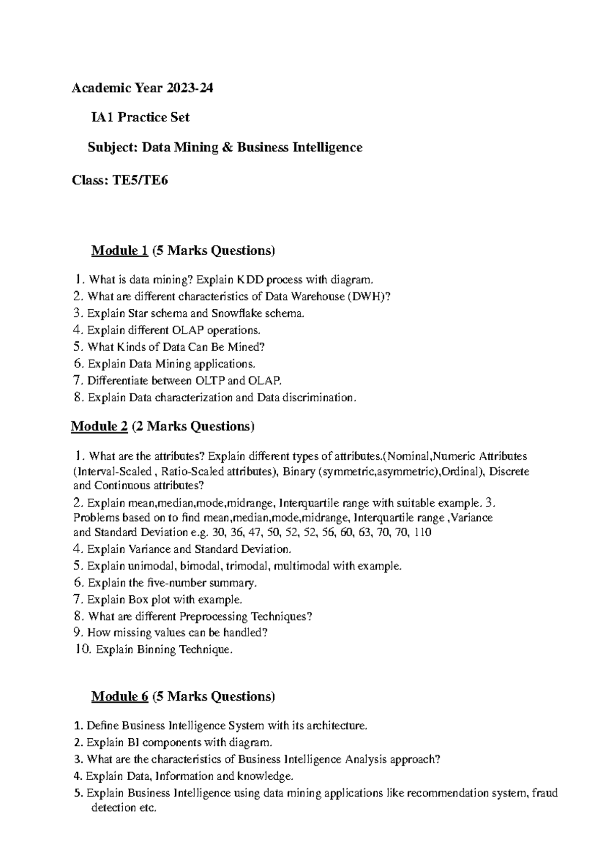 DMBI IA1 Practice set 23 24 - Academic Year 2023- IA1 Practice Set Subject: Data Mining & - Studocu