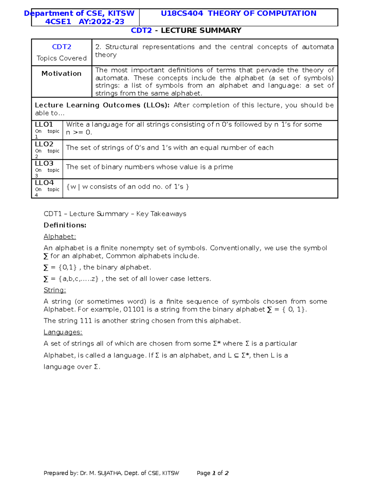 Toc Cdt2 Summary 4cse1 Br 2021 22 Department Of Cse Kitsw 4cse1 Ay2022 U18cs404 Theory Of