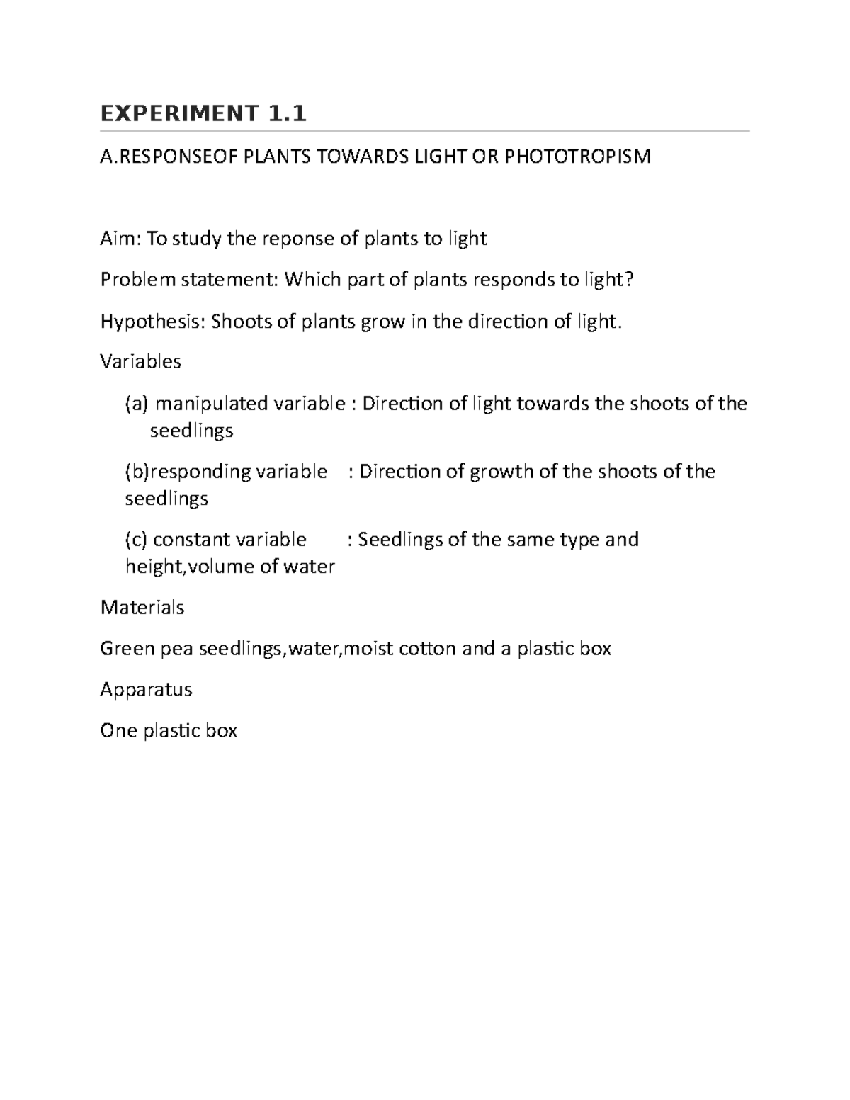 VENI Science Experiment 1.1(3 ASK 1) - EXPERIMENT 1. A PLANTS TOWARDS ...