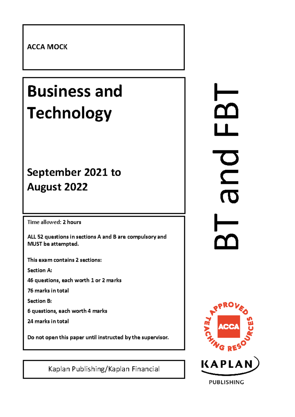 Copy of BT Mock - Questions S21-A22 - BT and FBT ACCA MOCK Business and Technology September ...